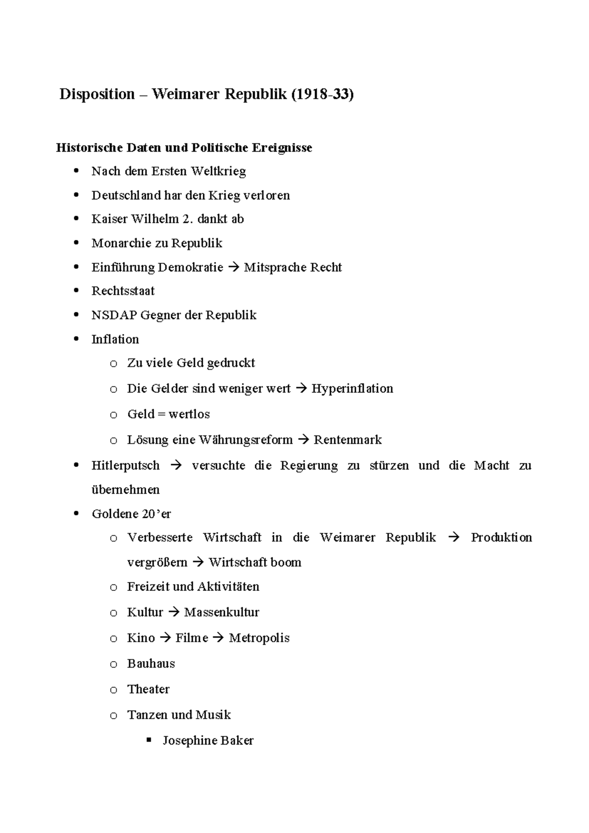 Disposition - Weimarer Republik - dankt ab Monarchie zu Republik Einführung Demokratie - Studocu