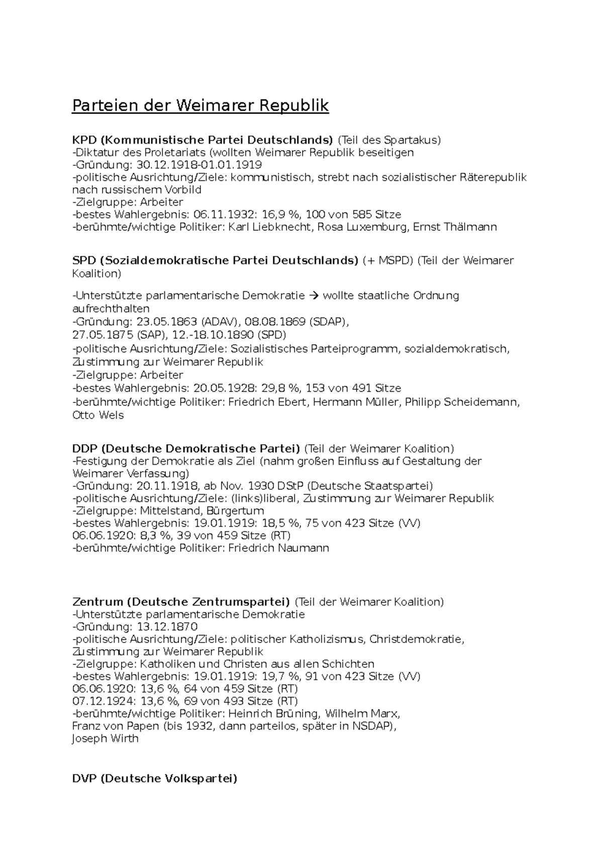 Parteien der WR - 1. HJ - Parteien der Weimarer Republik KPD ...