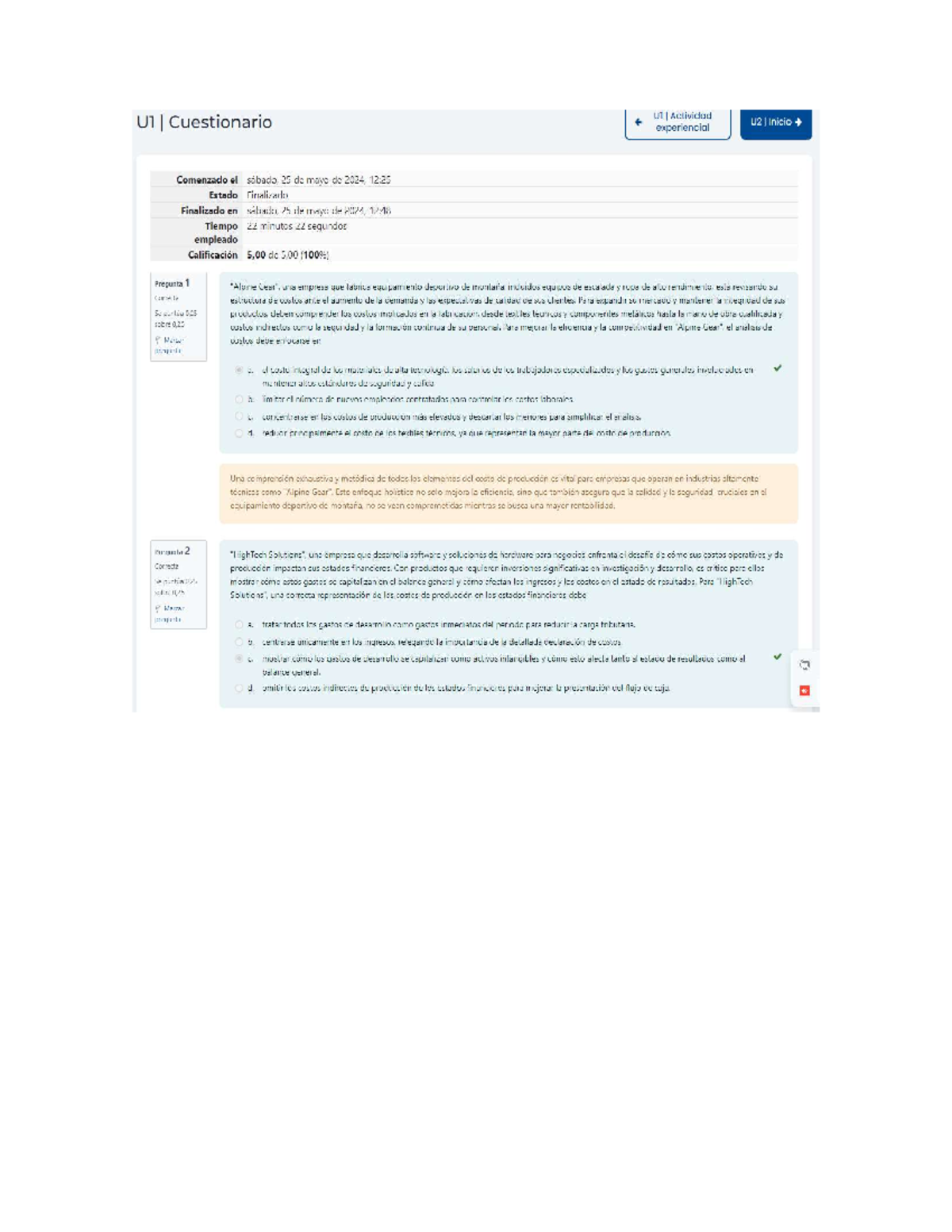 Costos 1- Cuestionario 1 - U1 Actividad U1 Cuestionario U2 Inicio experiencial Comenzado el ...