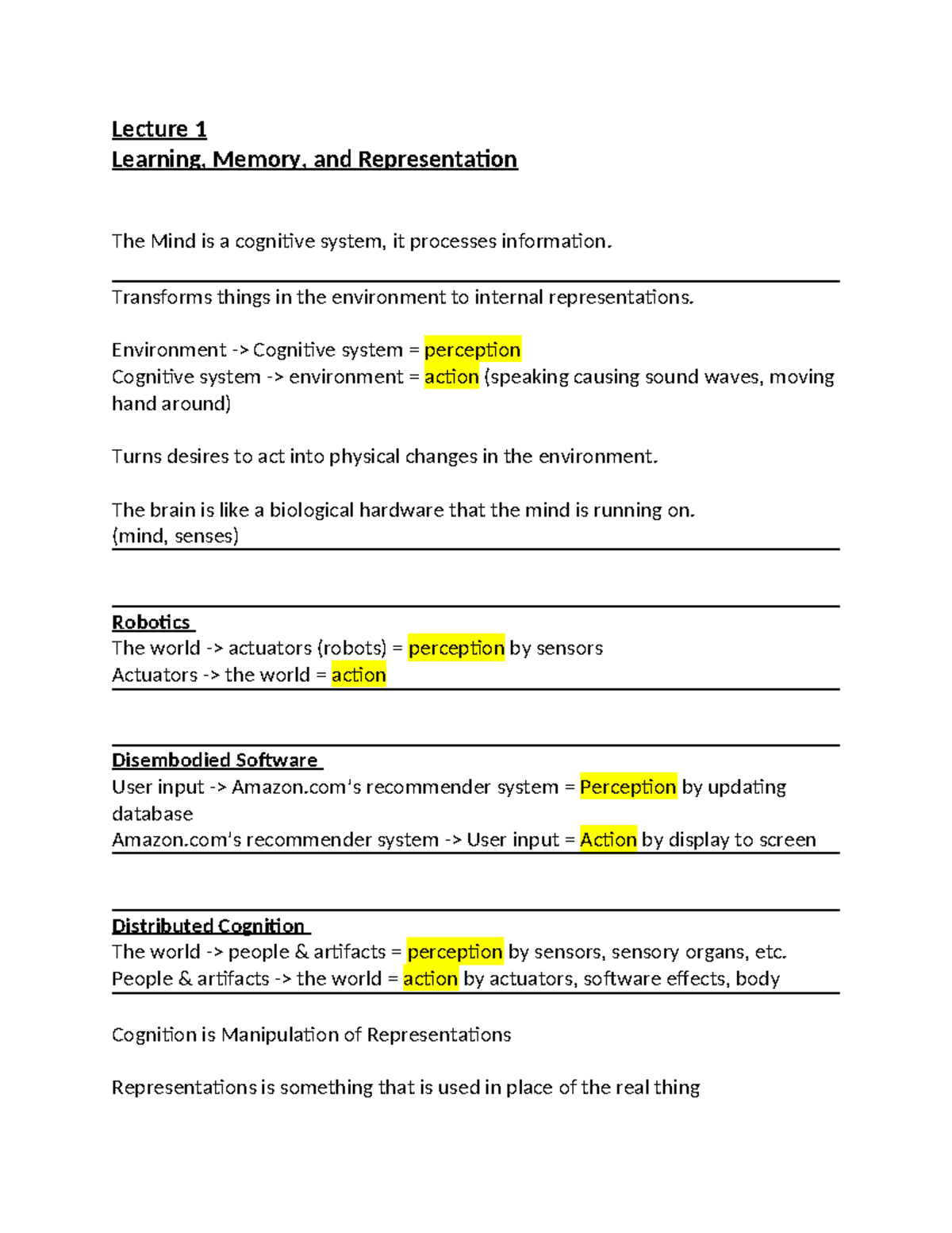 Cgsc 1001a Lecture Notes Lecture 1 Learning Memory And Representation The Mind Is A