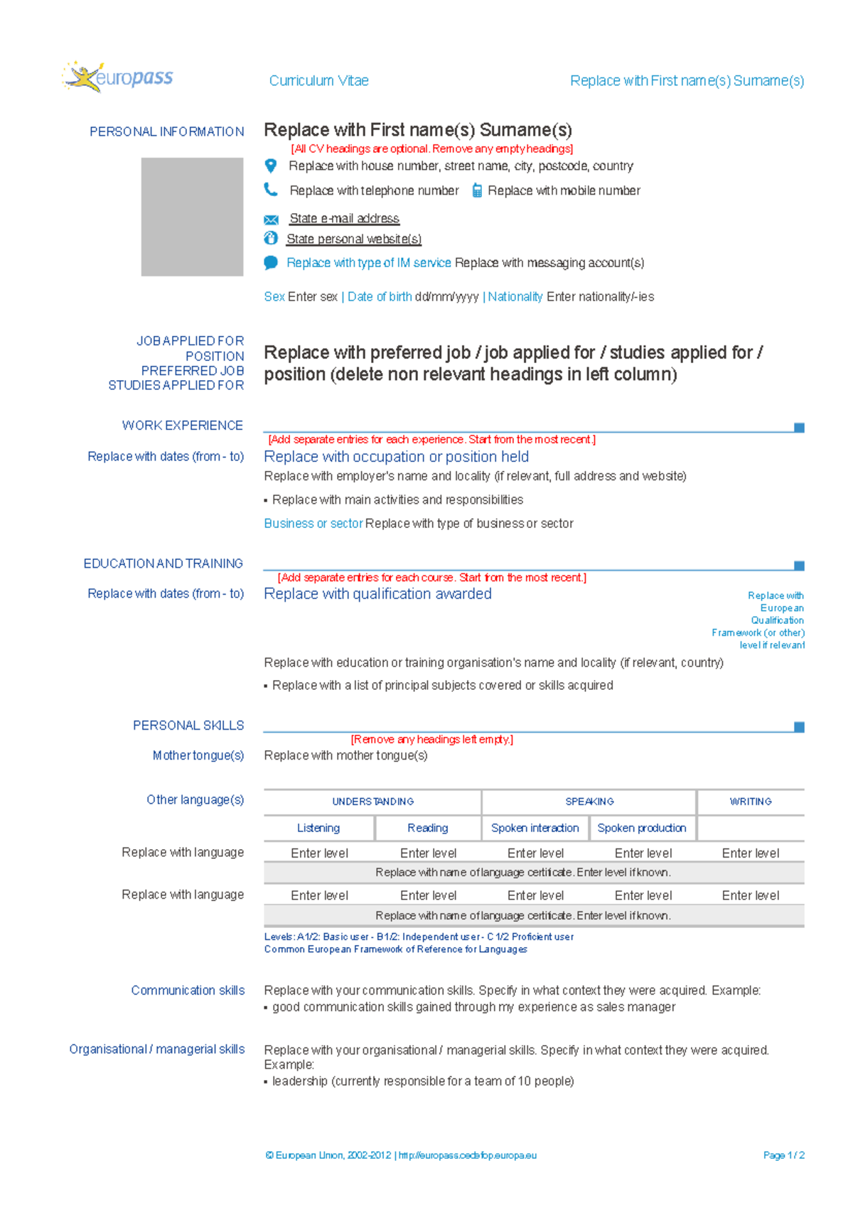 Europass CV template - Curriculum Vitae Replace with First name(s ...