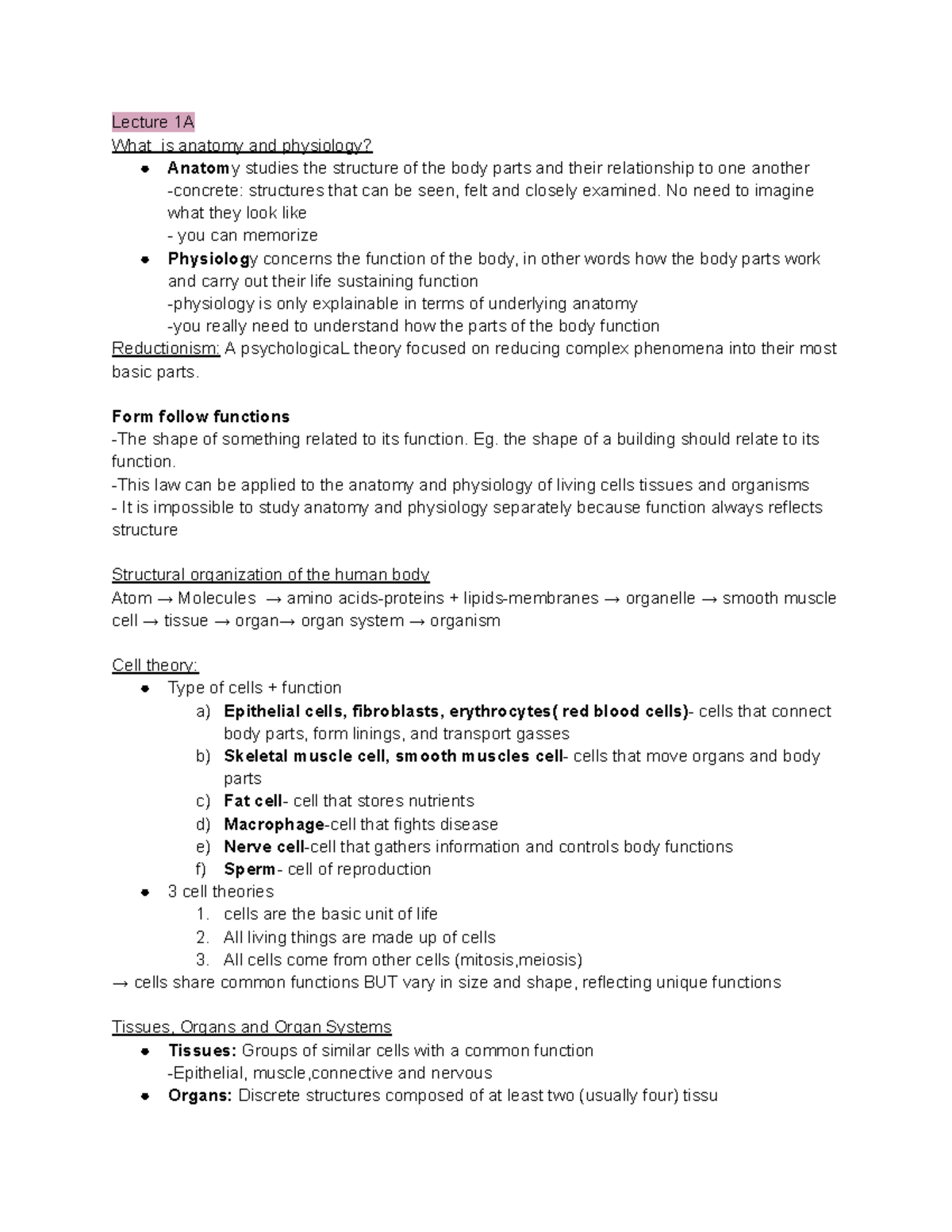 ANP 1105 lecture notes - Lecture 1A What is anatomy and physiology ...