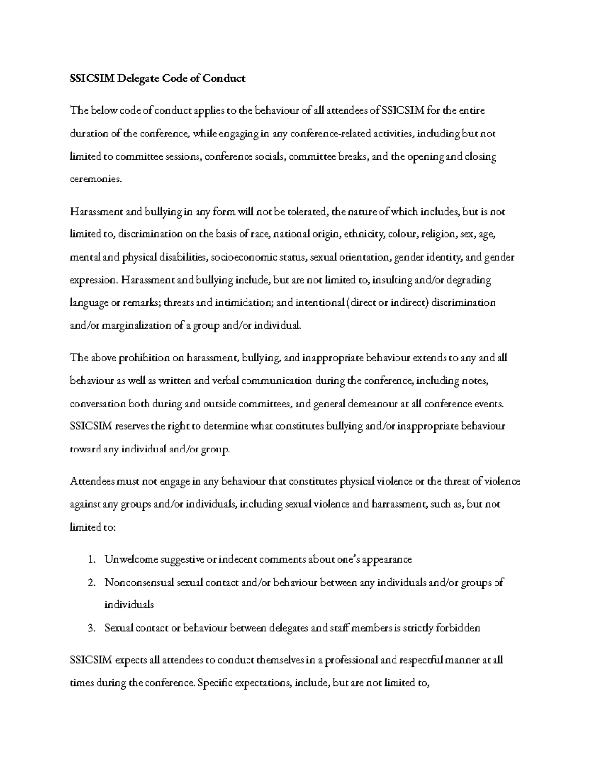 Delegate+Code+of+Conduct - SSICSIM Delegate Code of Conduct The below ...