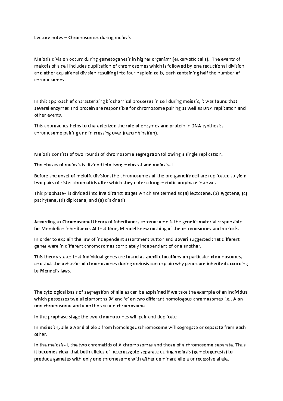 Lecture notes – Chromosomes during meiosis - Lecture notes ...