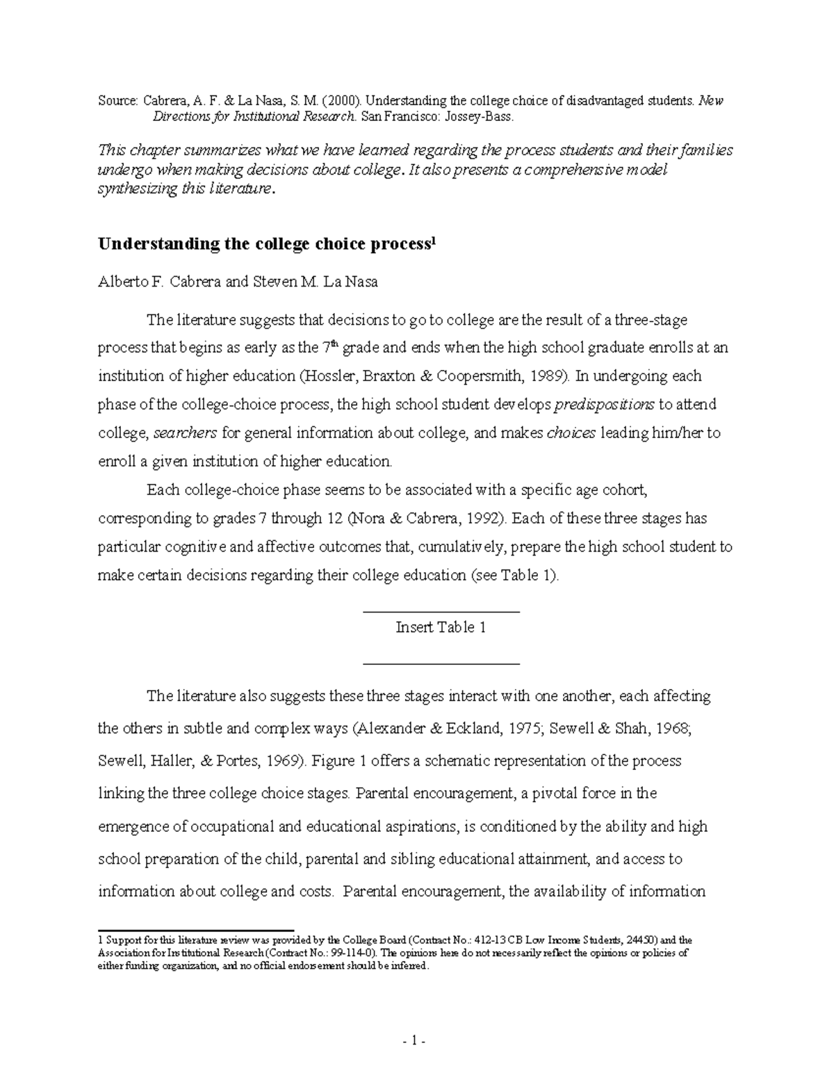 Understanding the College Choice Process - ####### Source: Cabrera, A ...