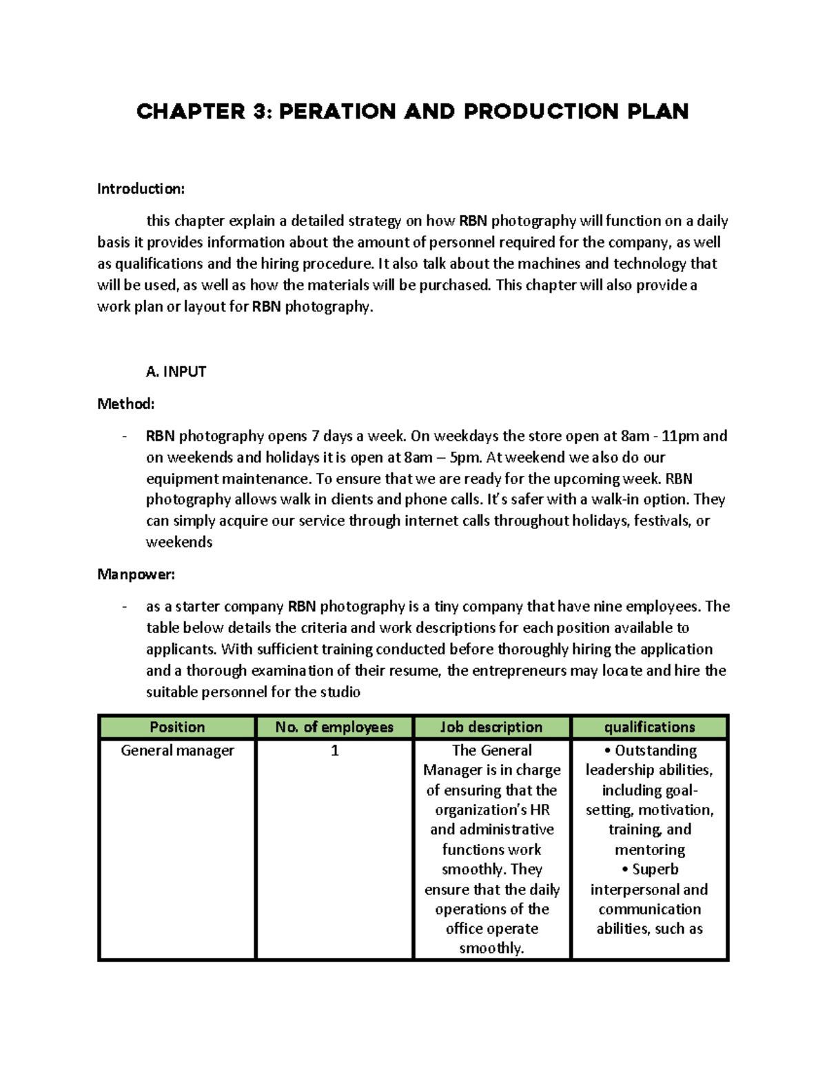 Business plan 2 - Chapter 3: PERATION AND PRODUCTION PLAN Introduction ...
