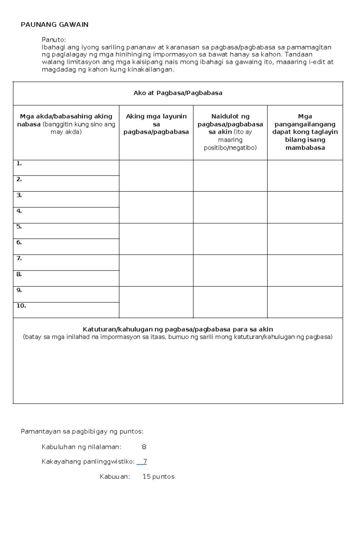 Pagbasa Module 0 Gawain Template - PAUNANG GAWAIN Panuto: Ibahagi ang ...