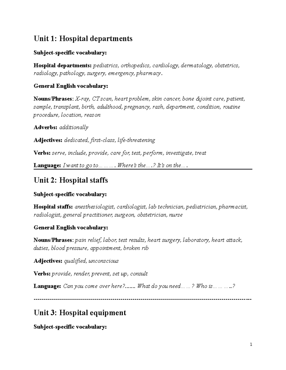 Medical book - Great - Unit 1: Hospital departments Subject-specific ...