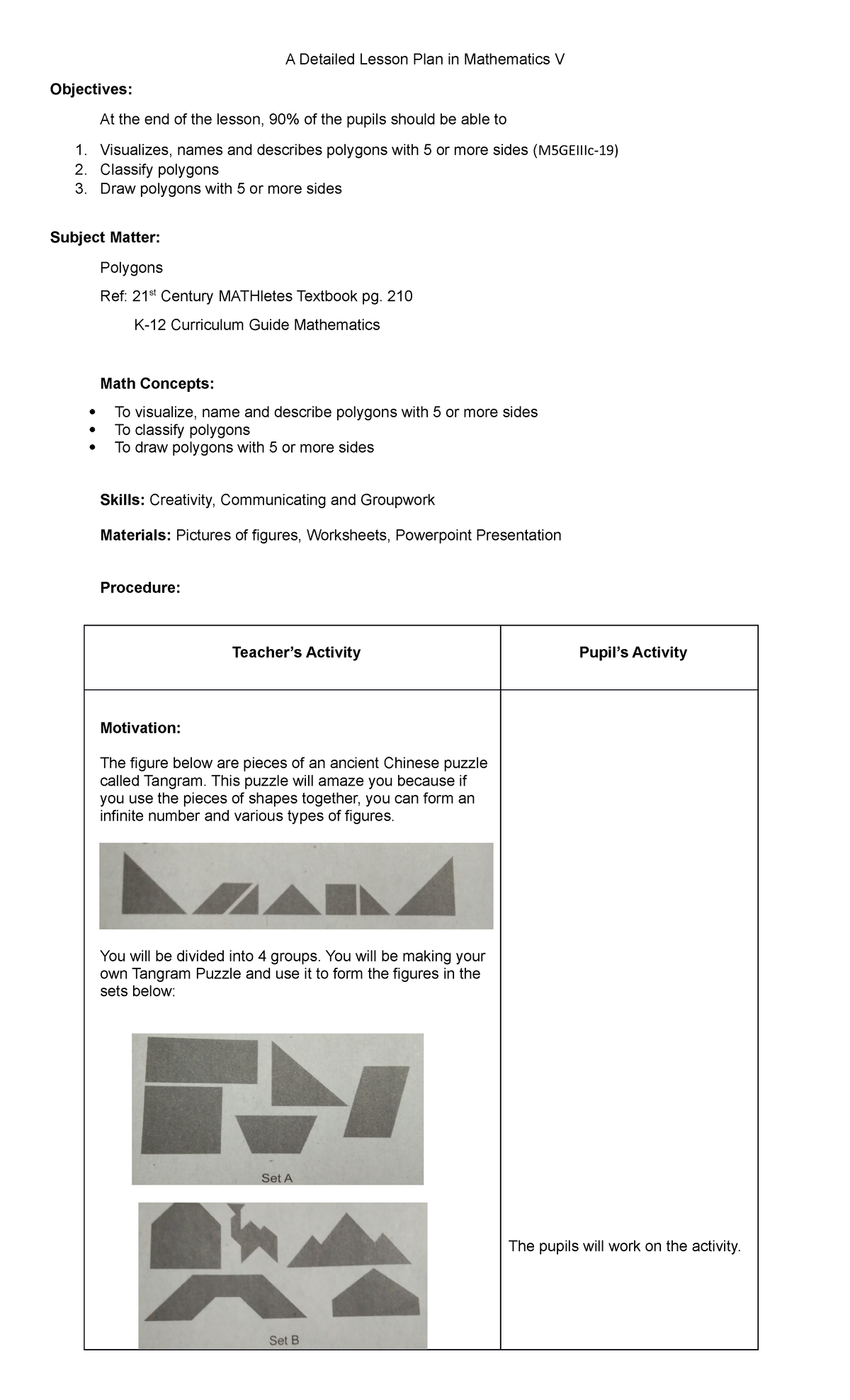 A Detailed Lesson Plan In Mathematics IV A Detailed Lesson Plan In