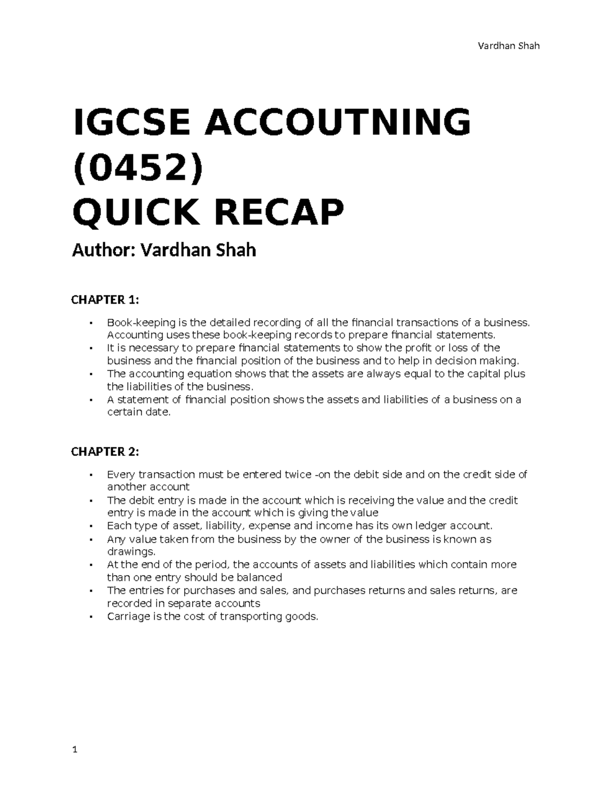 Igcse Accounting Revison Notes Igcse Accoutning 0452 Quick Recap