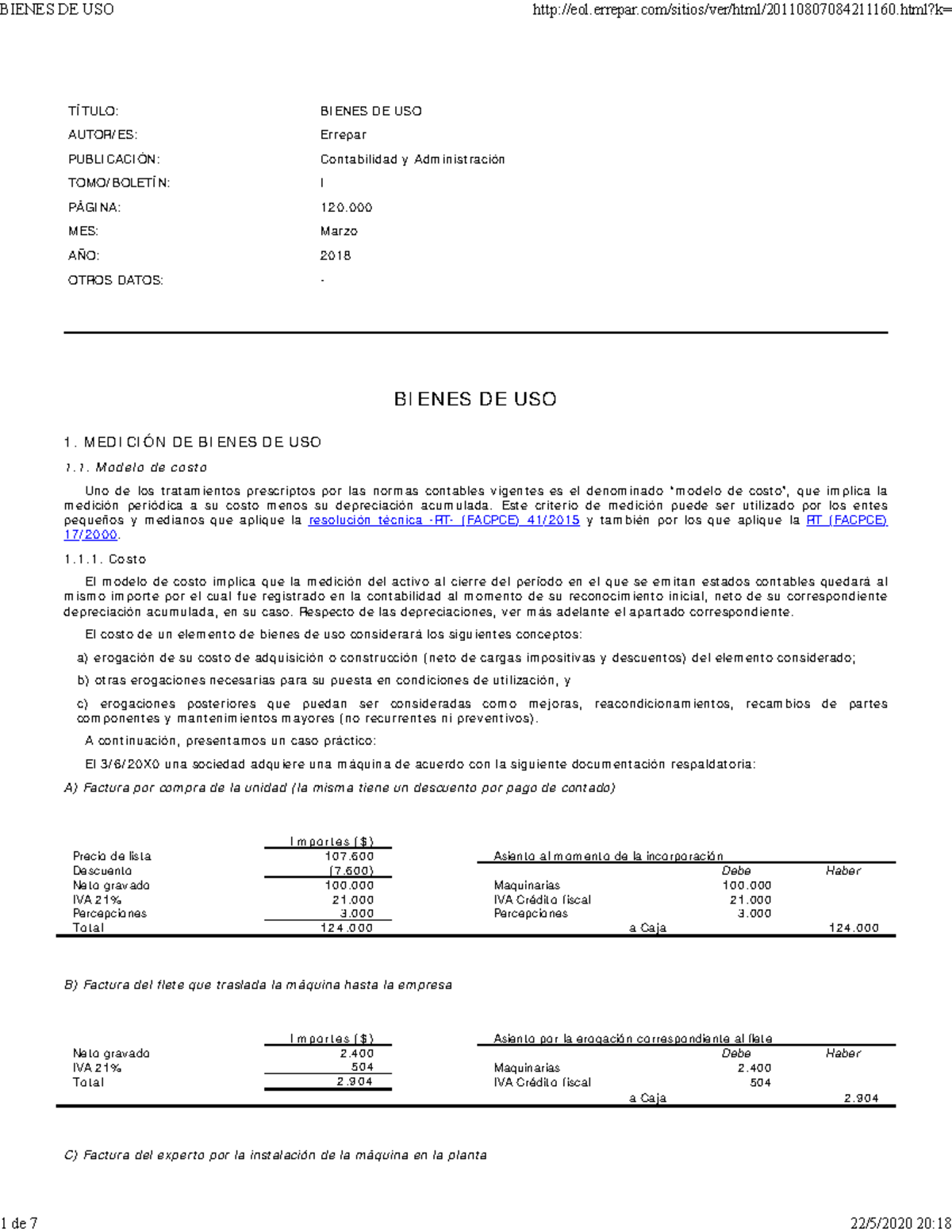 U5 F Bienes DE USO Resumen - TÍTULO: BIENES DE USO AUTOR/ES: Errepar PUBLICACIÓN: Contabilidad y ...