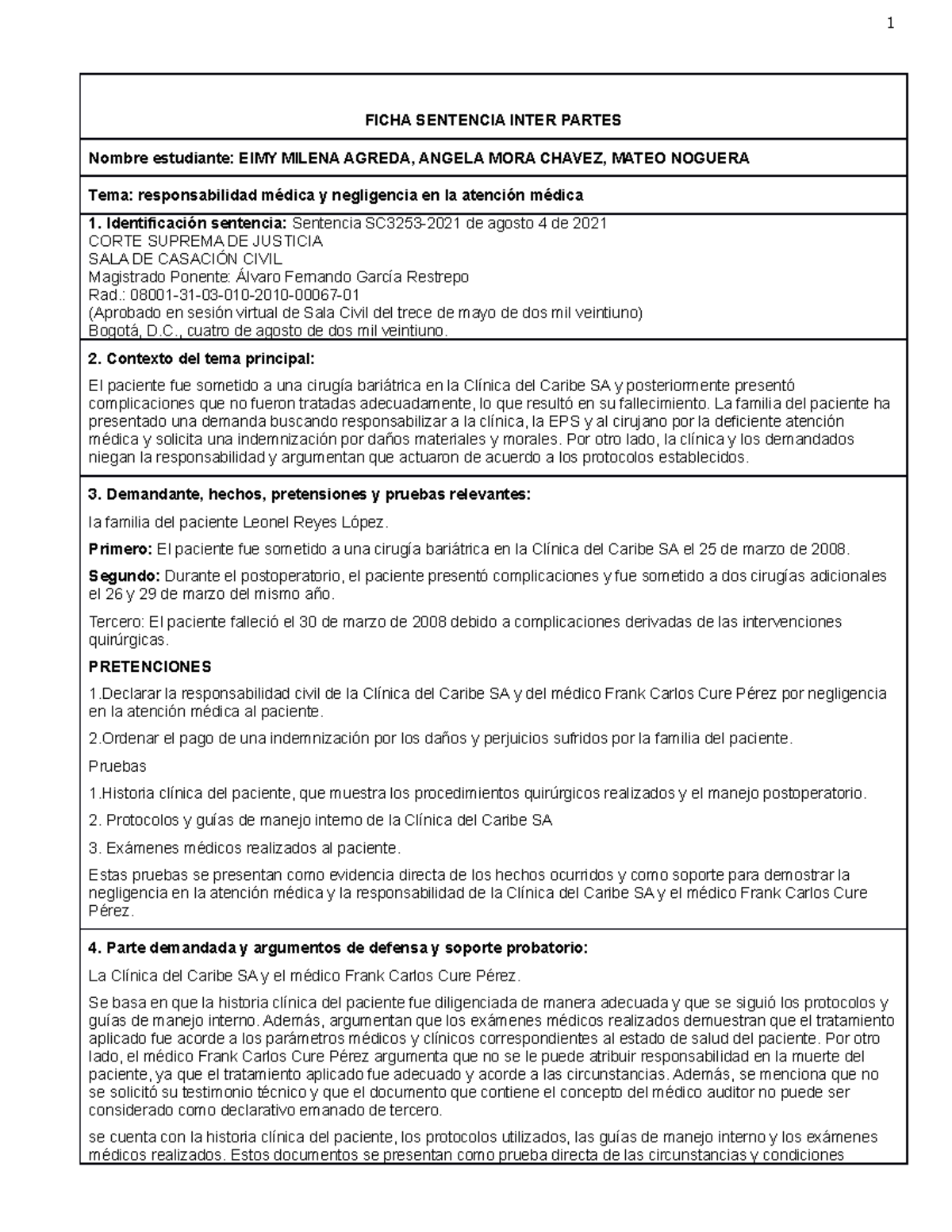 Sentencia del 2021 - 1 FICHA SENTENCIA INTER PARTES Nombre estudiante ...