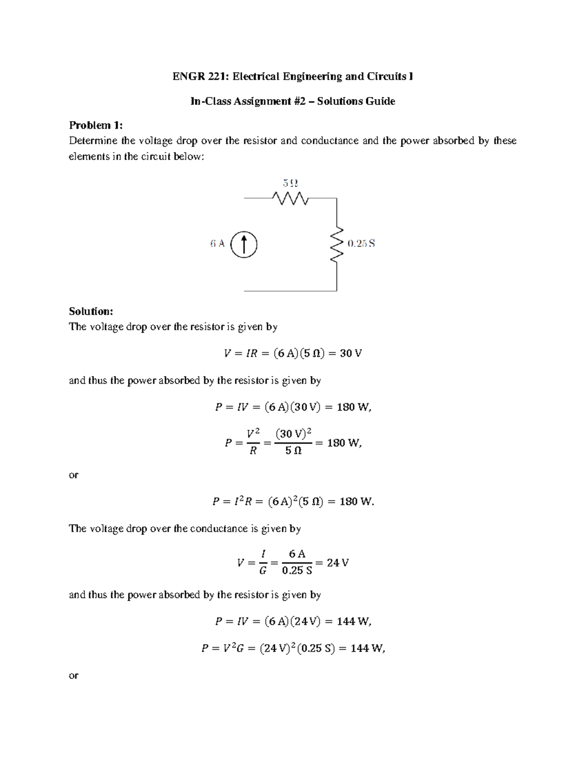 In-Class Assignment #2 - Solutions Guide - ENGR 221: Electrical Engineering and Circuits I In ...