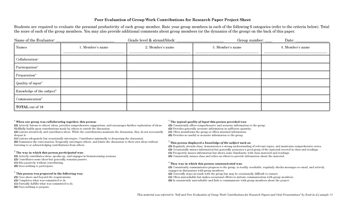 Peer-Evaluation-Sheet - Peer Evaluation of Group Work Contributions for ...