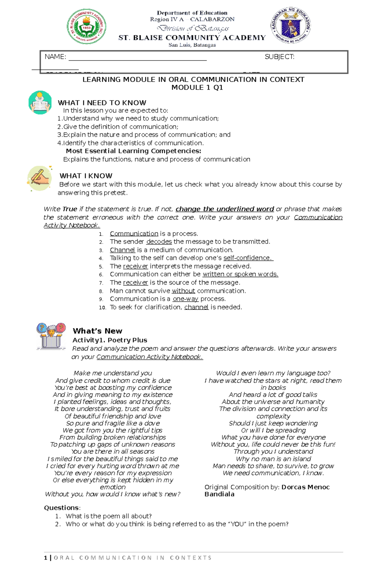 Module 1 ORAL COM - NONE - LEARNING MODULE IN ORAL COMMUNICATION IN ...