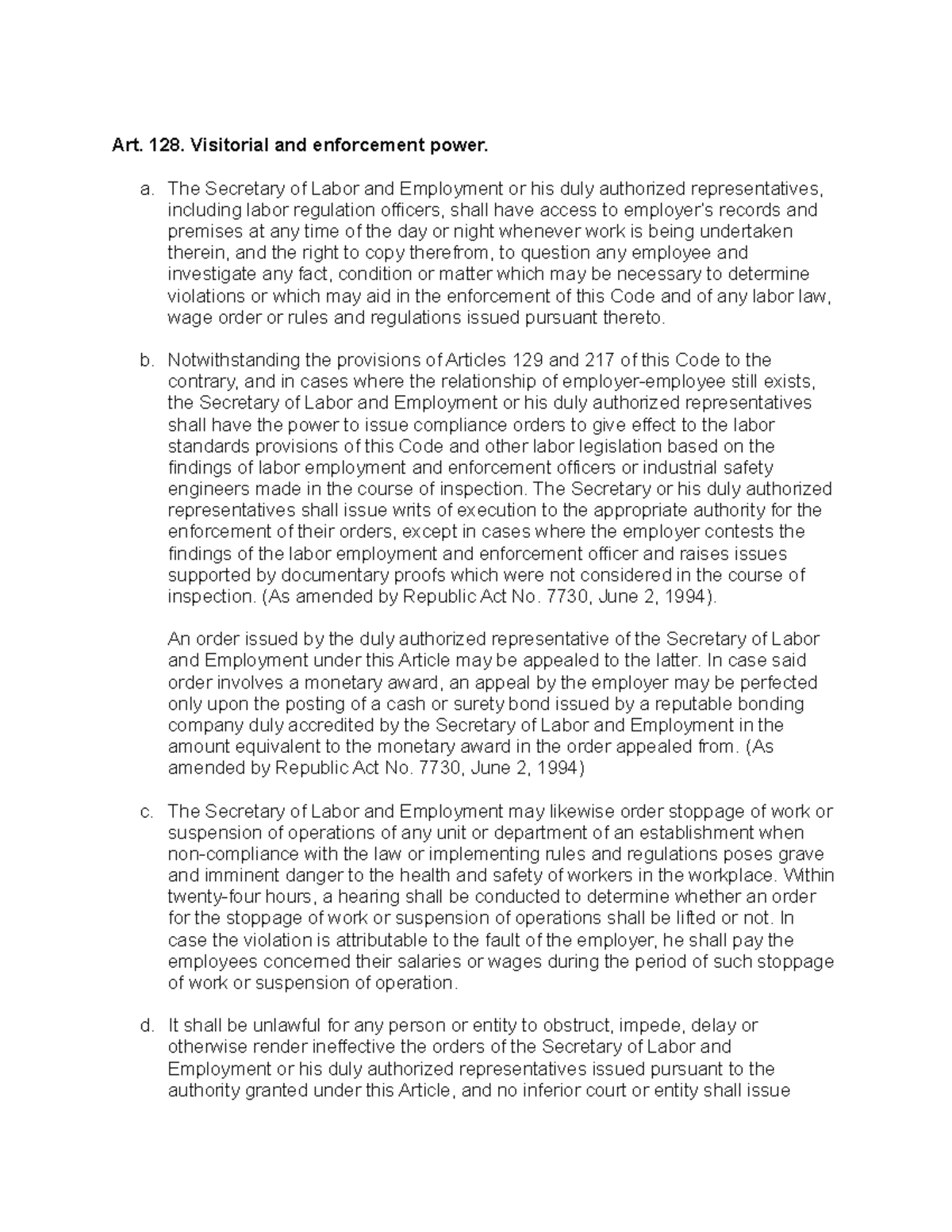 Article 219 - Art. 128. Visitorial and enforcement power. a. The ...