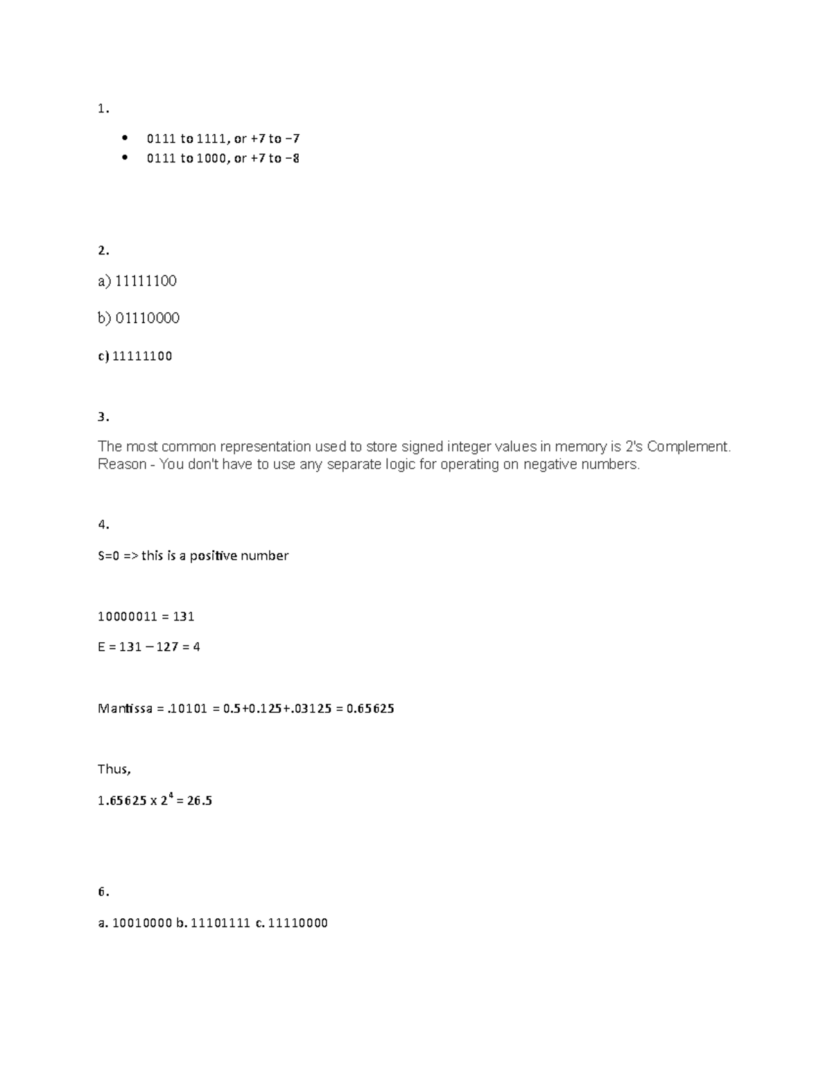 CA Week3 Tutorial (CH02 Part 2) - 0111 to 1111, or +7 to − 0111 to 1000, or +7 to − a) 11111100 ...