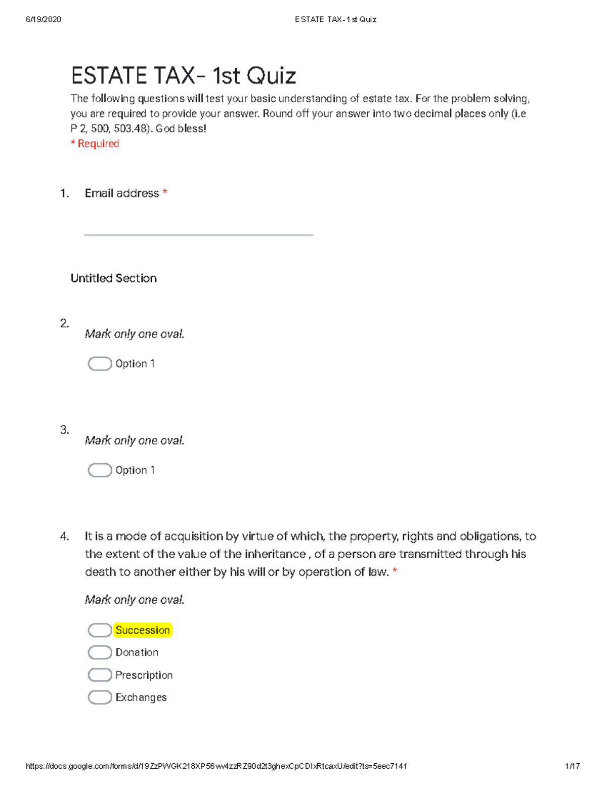 Estate TAX 1st Quiz Google Forms - Email address * Untitled Section 2 ...