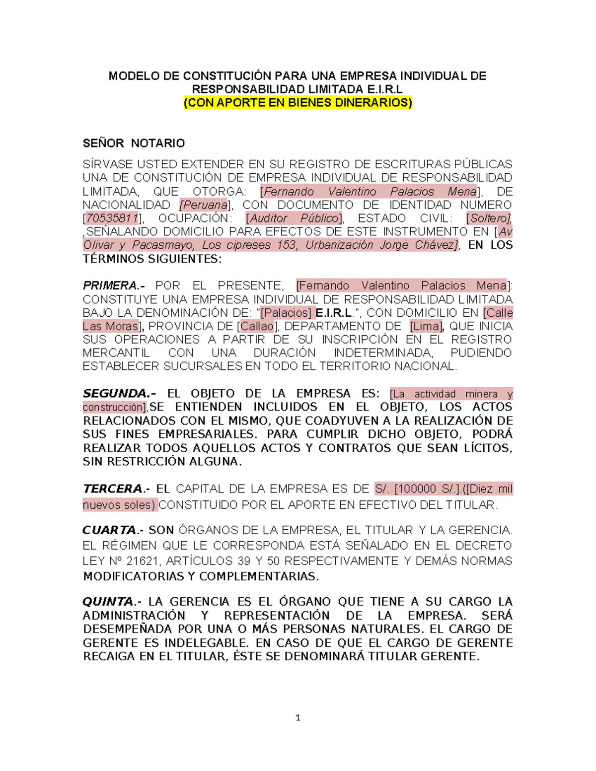Formato de minuta de constitución de EIRL con aporte en bienes dinerarios - MODELO DE ...