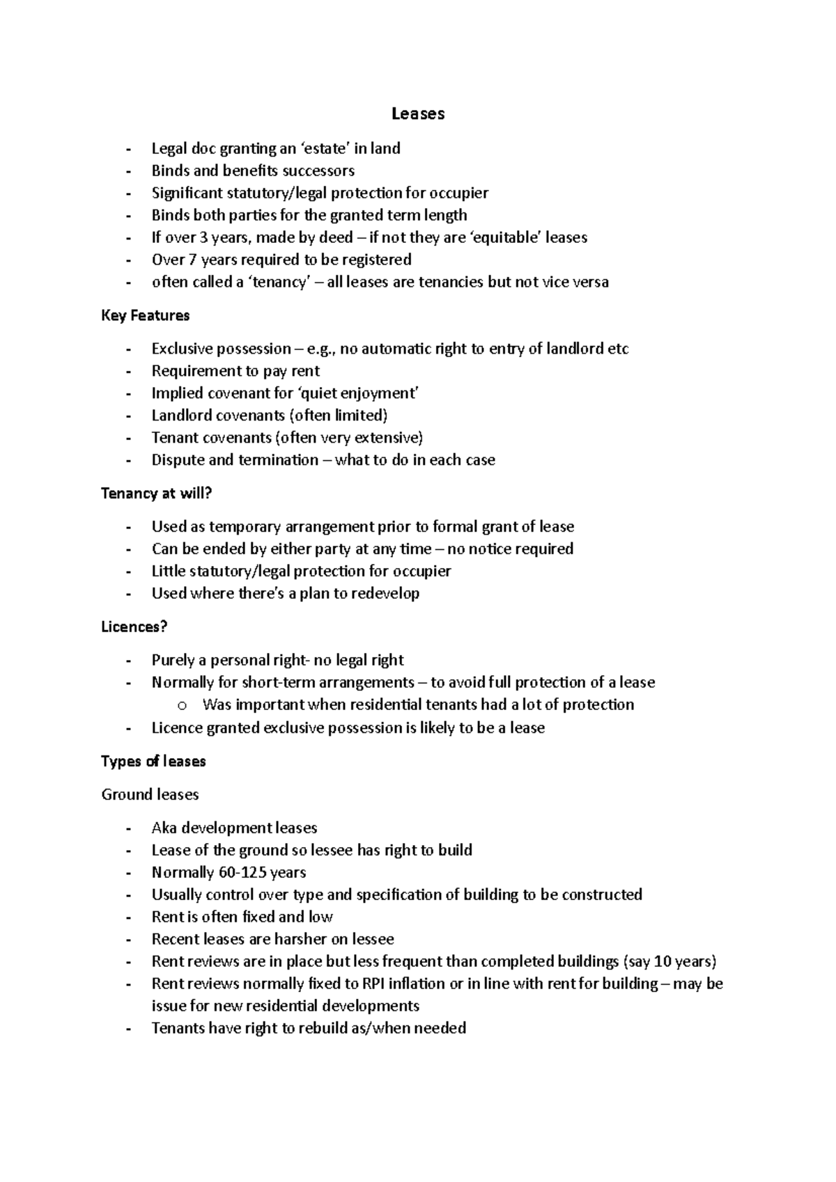 Notes on Leases - Leases - Legal doc granting an ‘estate’ in land ...
