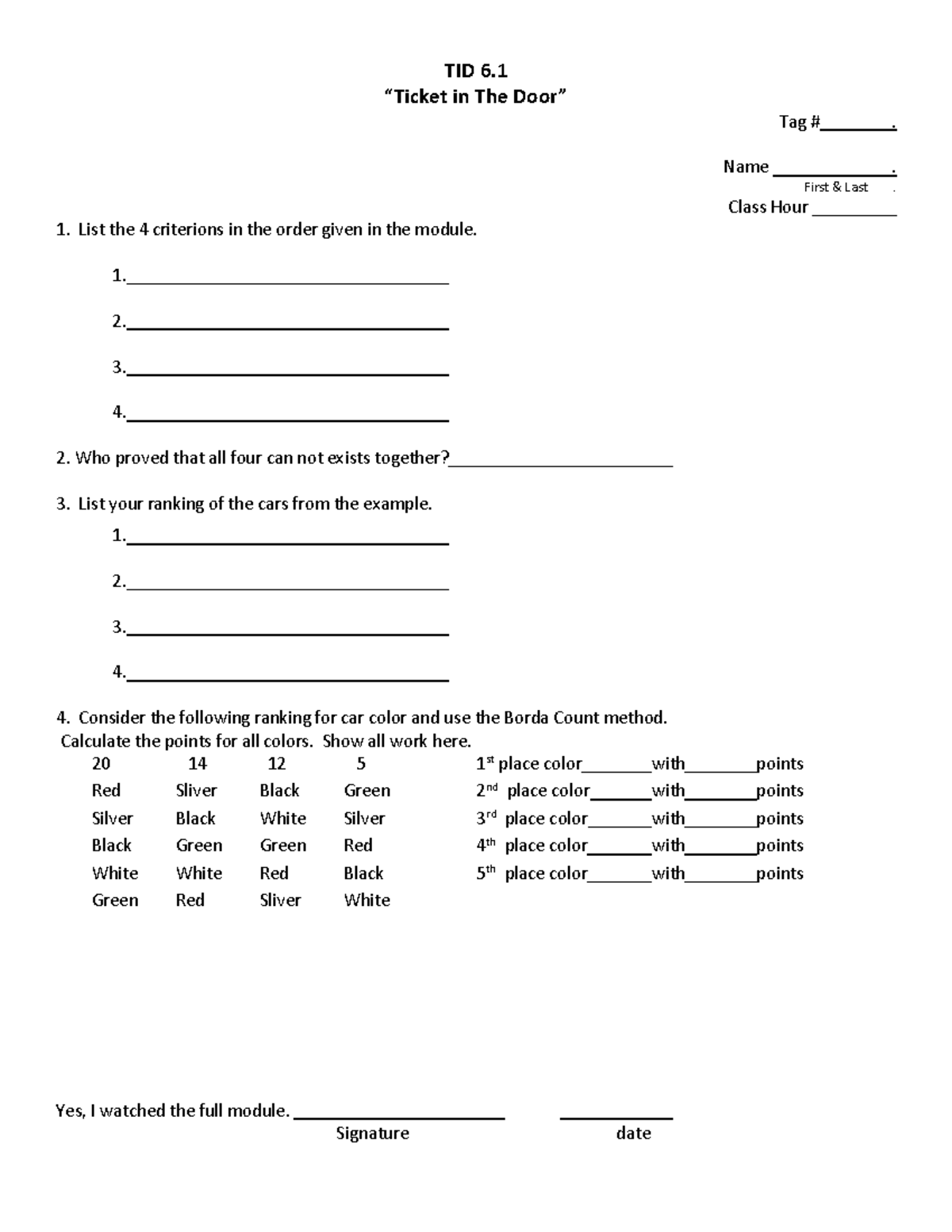 Math 110 TID 6 - TID - TID 6. “Ticket in The Door” Tag #. Name. First & Last. Class Hour 1. List ...