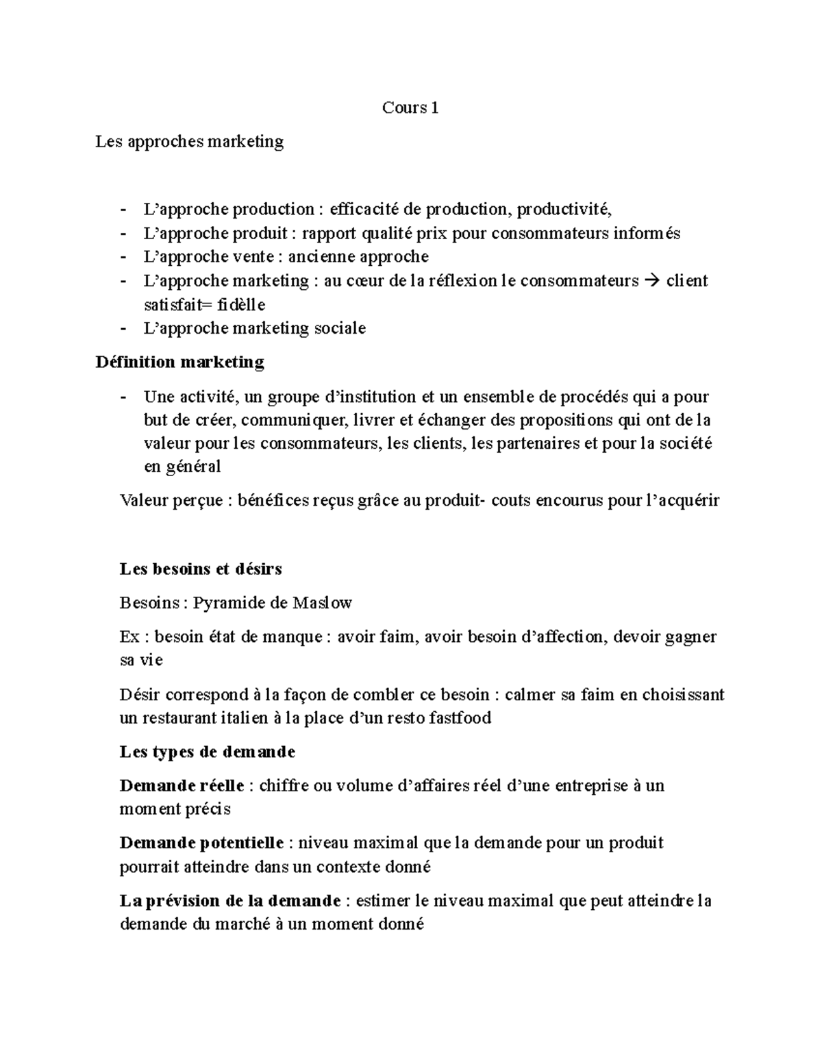 Document révision marketing - Cours 1 Les approches marketing L’approche production : efficacité ...