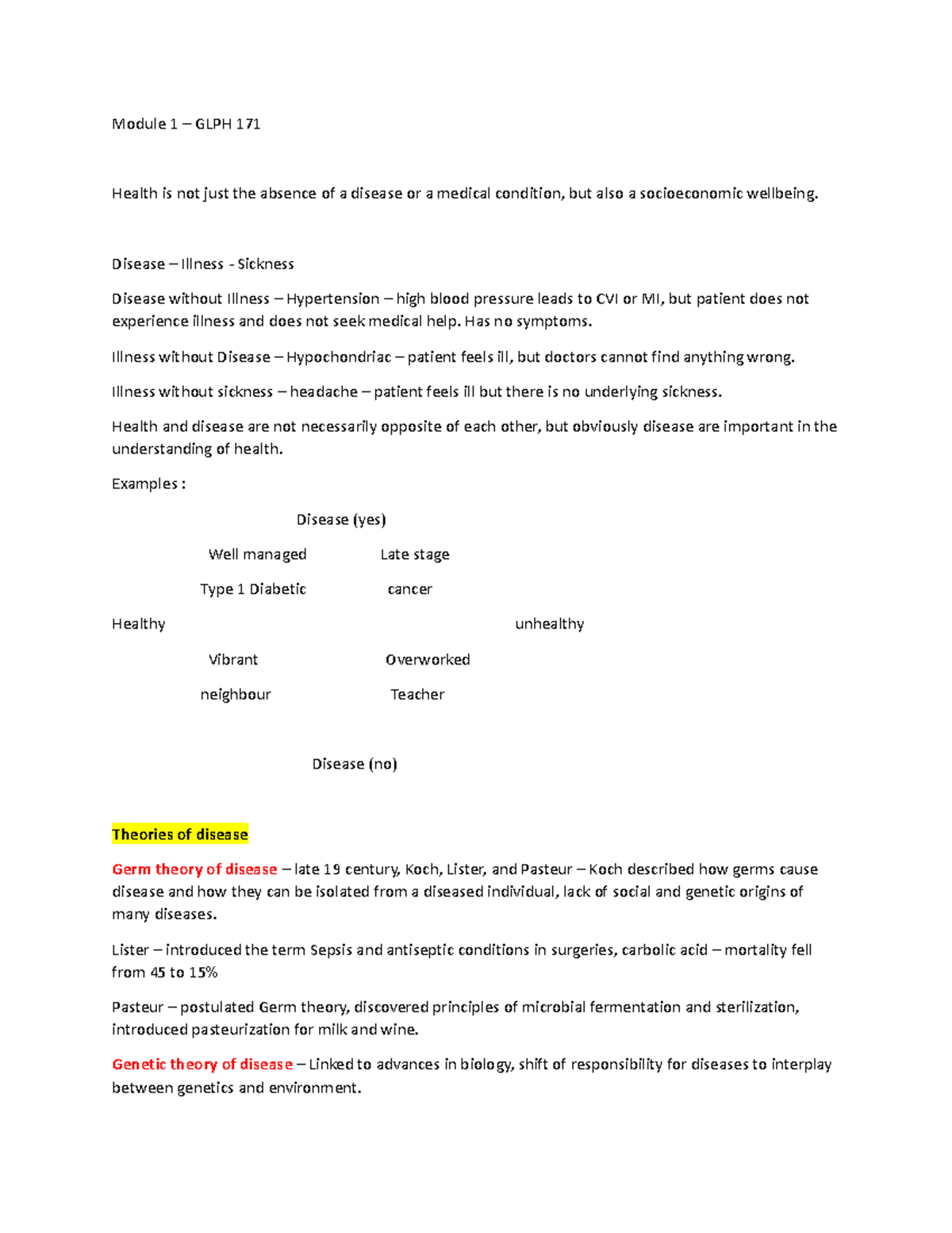 Module 1 - Summary - Module 1 – GLPH 171 Health is not just the absence ...