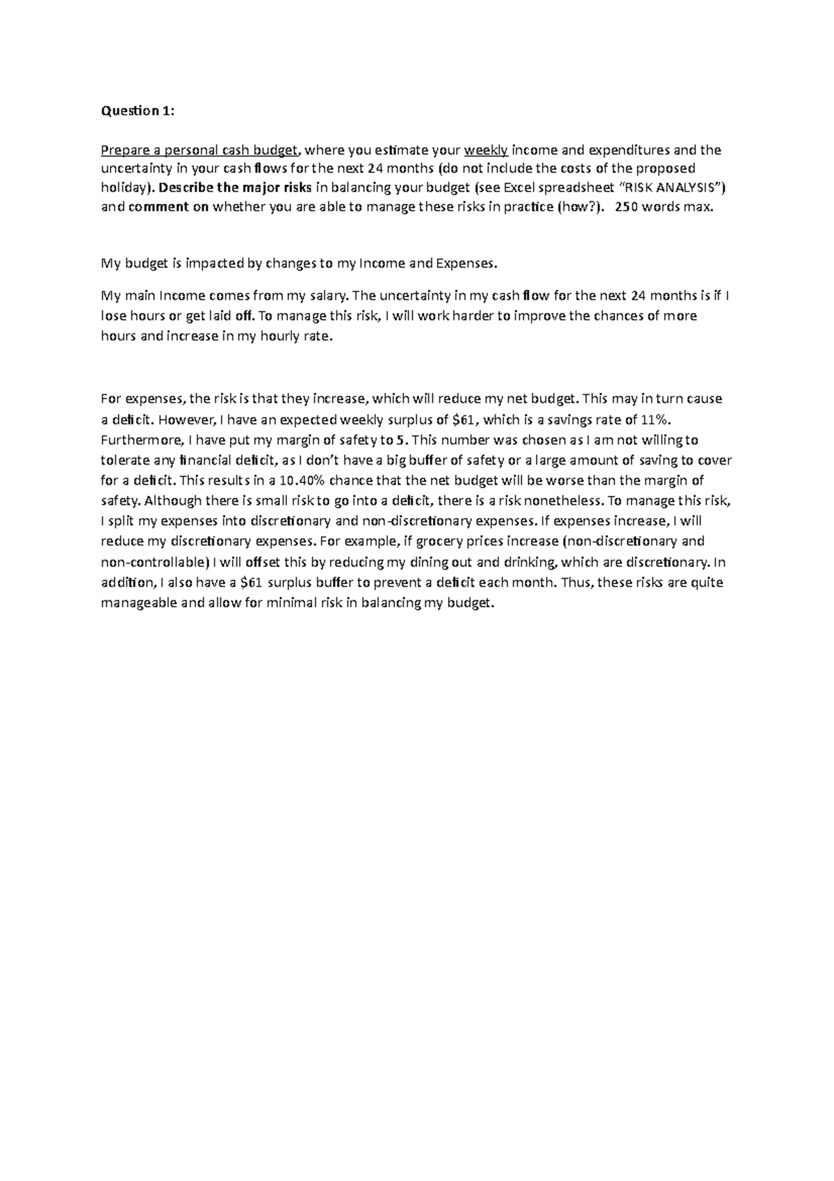 Part a, task 1 BSB107 - Question 1: Prepare a personal cash budget ...