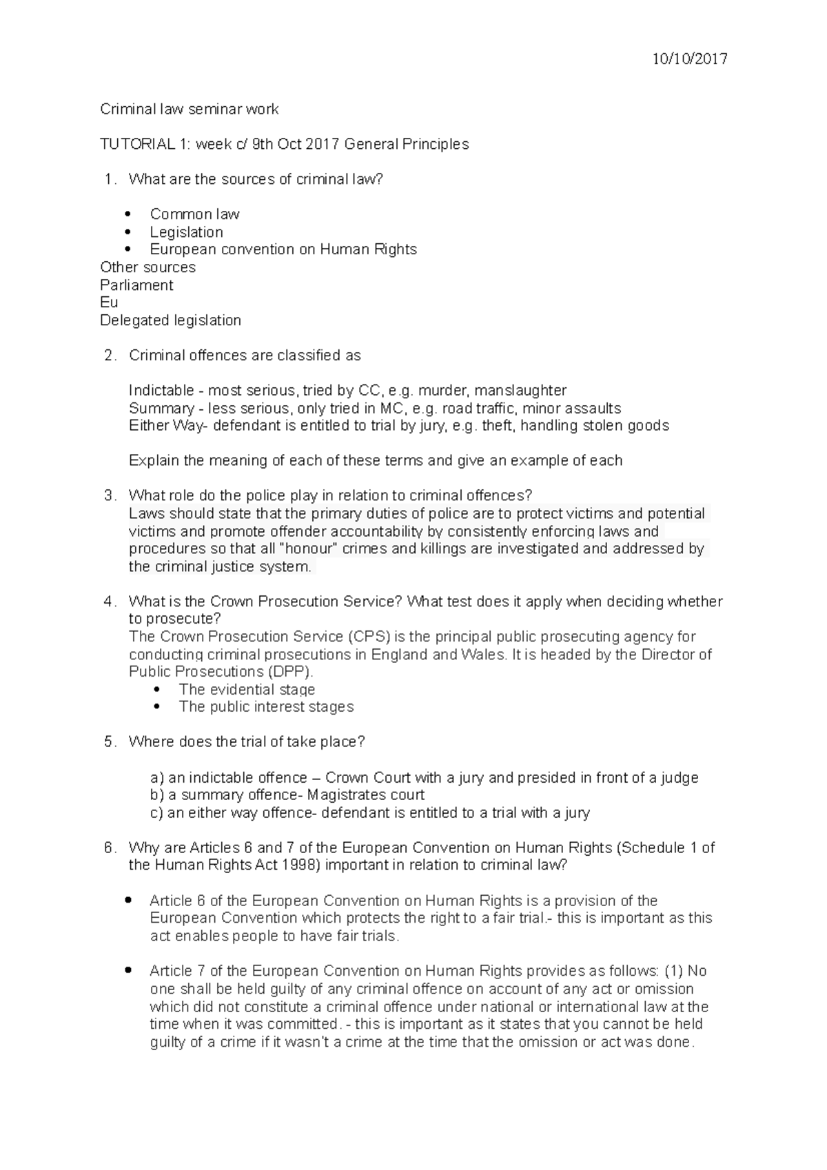 Seminar 1- General Principles - 10/10/ Criminal law seminar work ...
