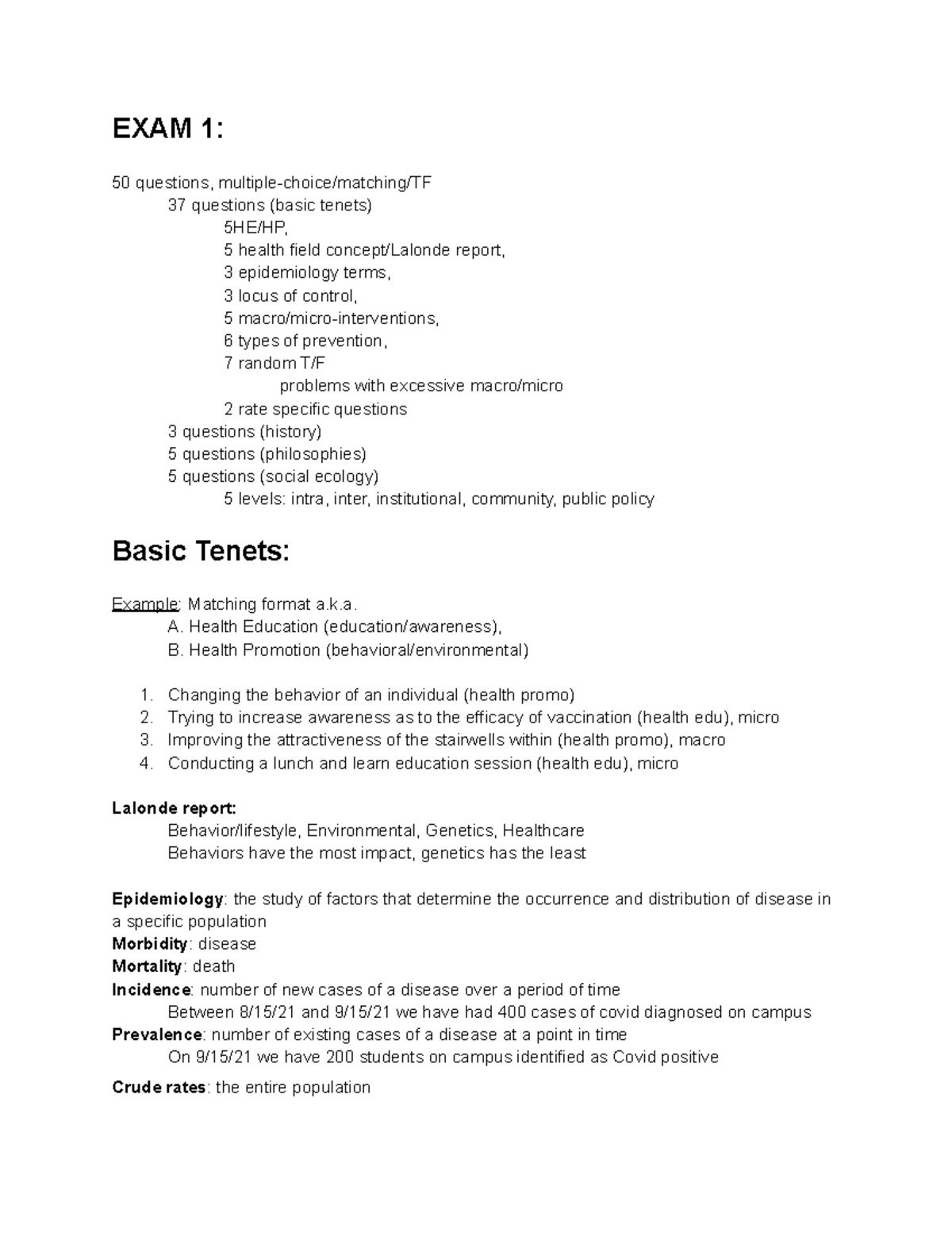 HHE 370 test outlines, in class reviews - EXAM 1: 50 questions ...