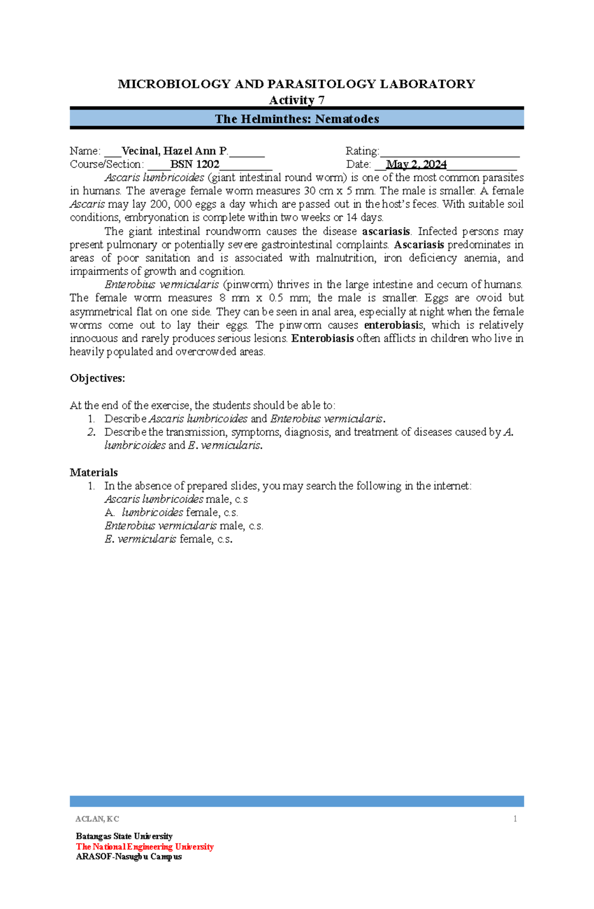 Hazel ANN Vecinal - Lab Activity 7 - MICROBIOLOGY AND PARASITOLOGY LABORATORY Activity 7 The ...