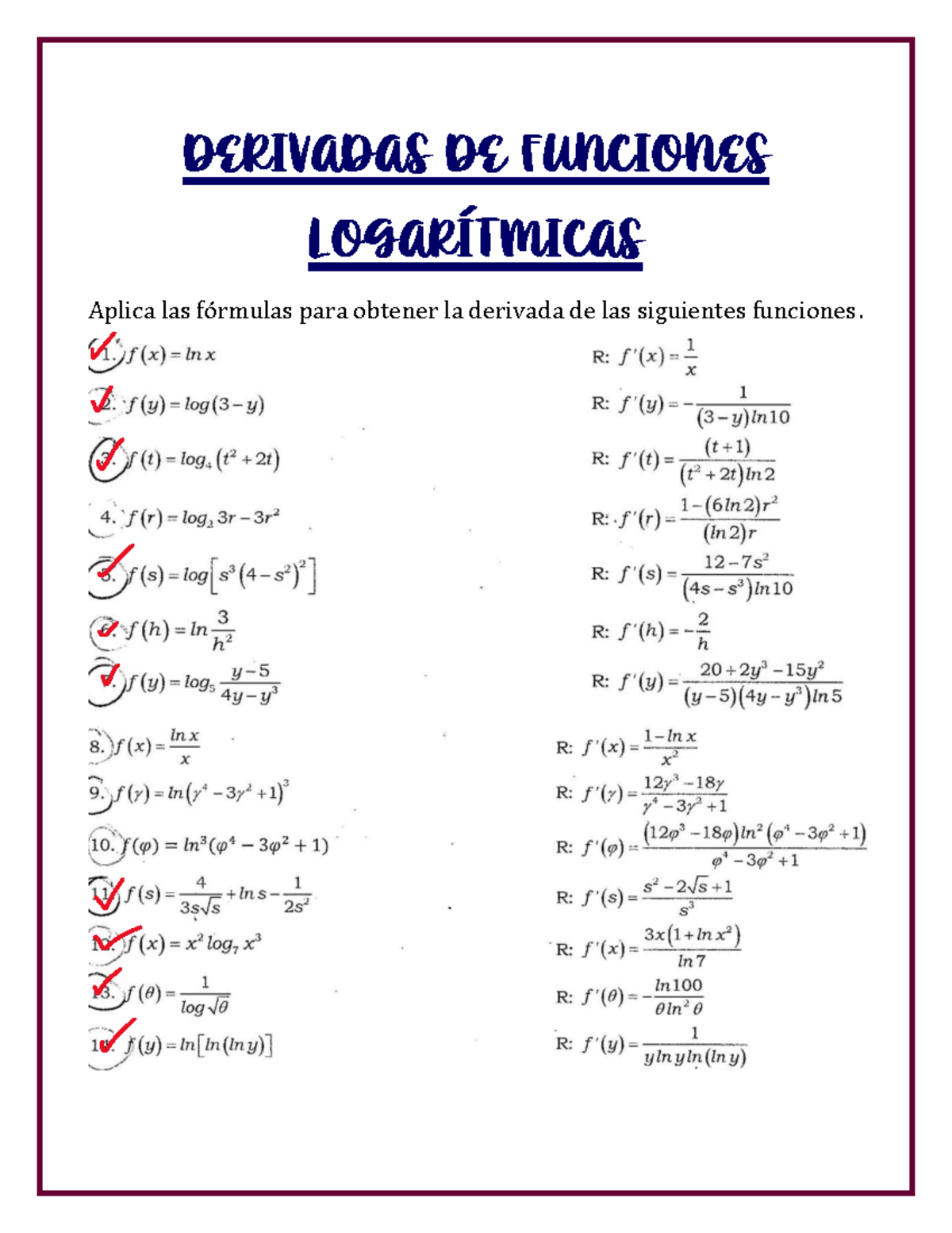 Derivadas de funciones logaritmicas - Cálculo Diferencial E Integral - DERIVADAS DE FUNCIONES ...