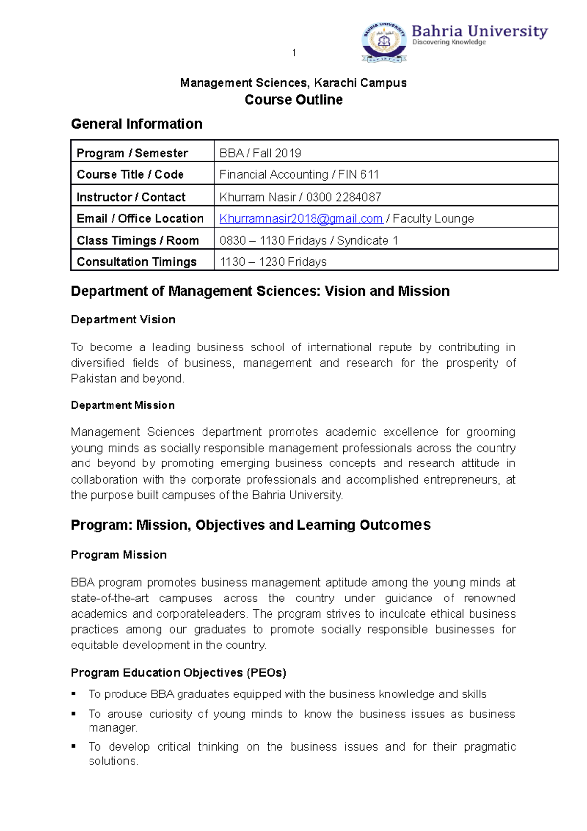 A Course Outline - Management Sciences, Karachi Campus Course Outline ...