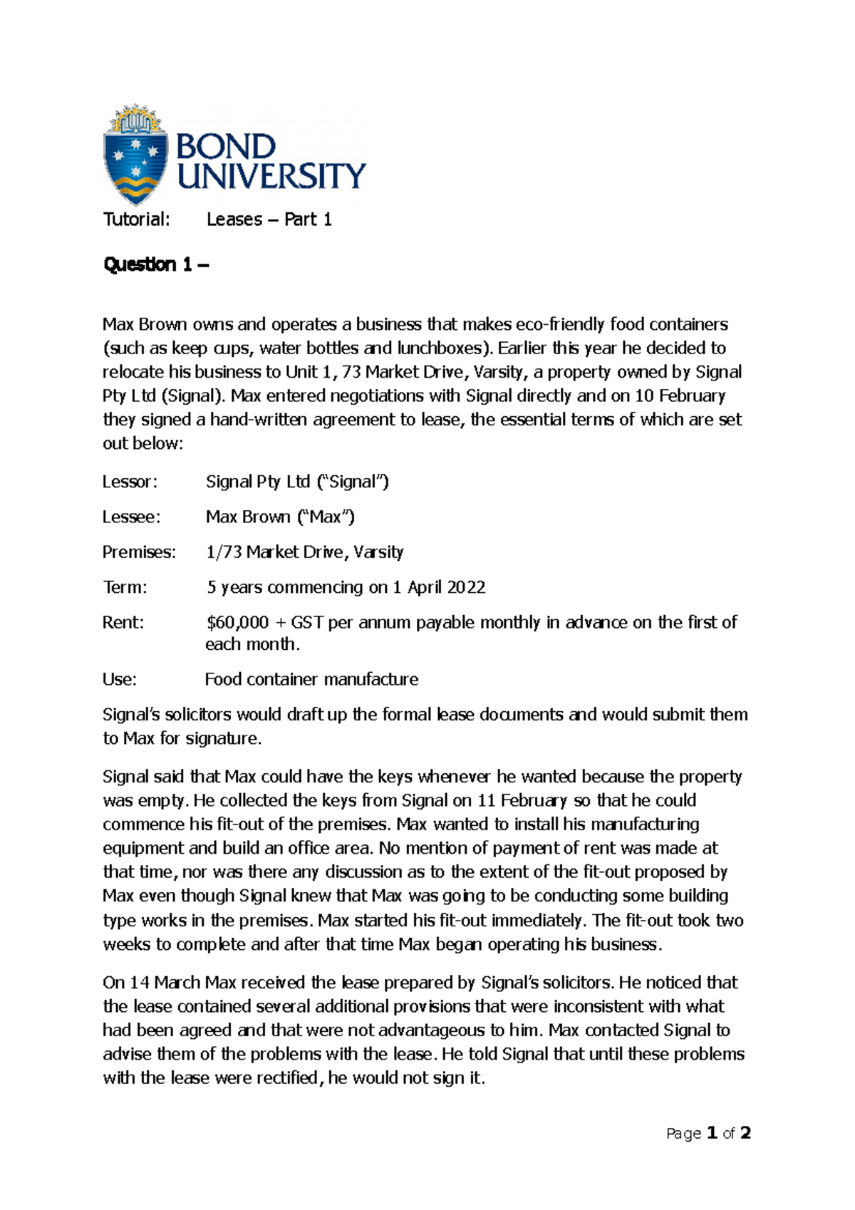 Leases Part 1 - student - LAWS75-218 - Bond - Studocu