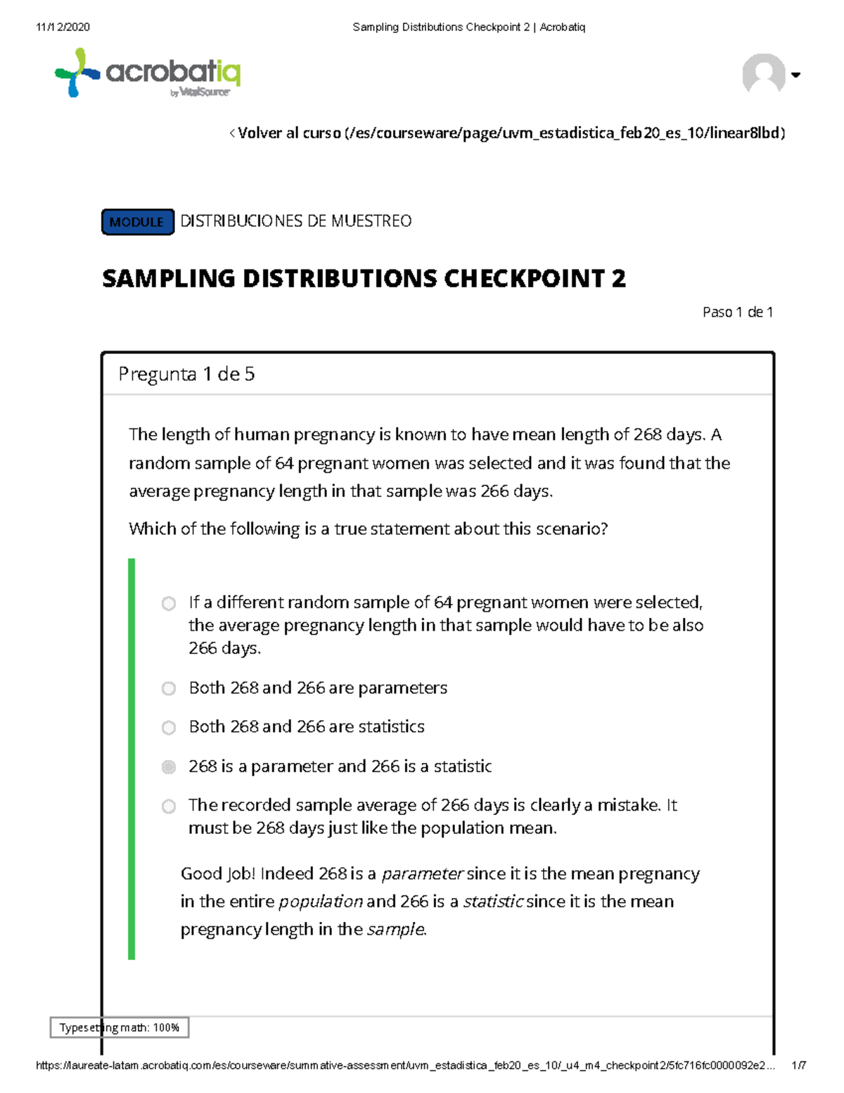 Sampling Distributions Checkpoint 2 Acrobatiq - MODULE DISTRIBUCIONES DE MUESTREO SAMPLING - Studocu