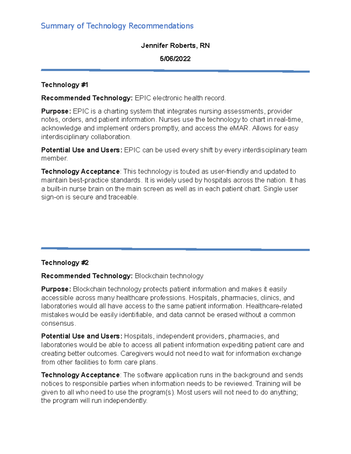 Technology Summary - Summary of Technology Recommendations Jennifer ...