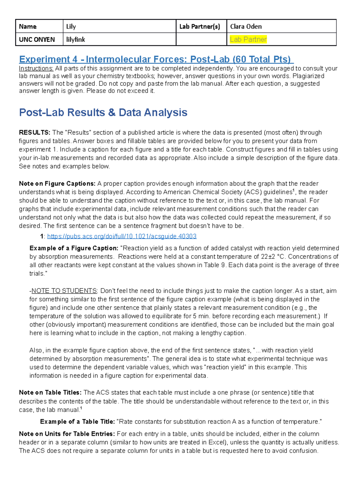 Experiment 4 Postlab Intermolecular Forces - Name Lily Lab Partner(s ...