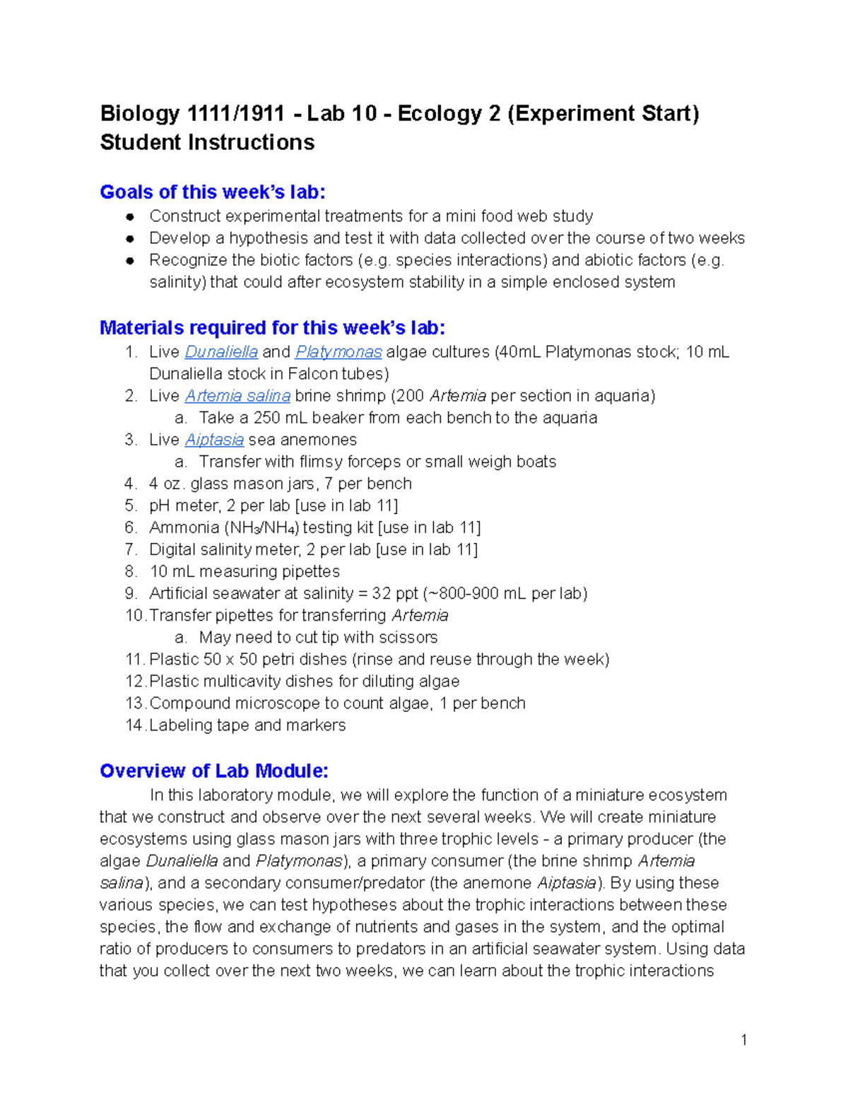 Lab 10 - Ecology 2 (Experimental Start) - Biology 1111/1911 - Lab 10 ...