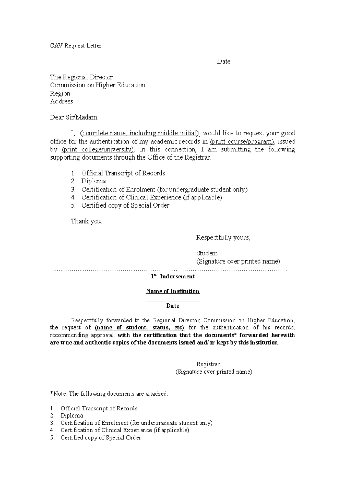C-A-V Request Letter - CAV Request Letter __________________ Date The Regional Director ...