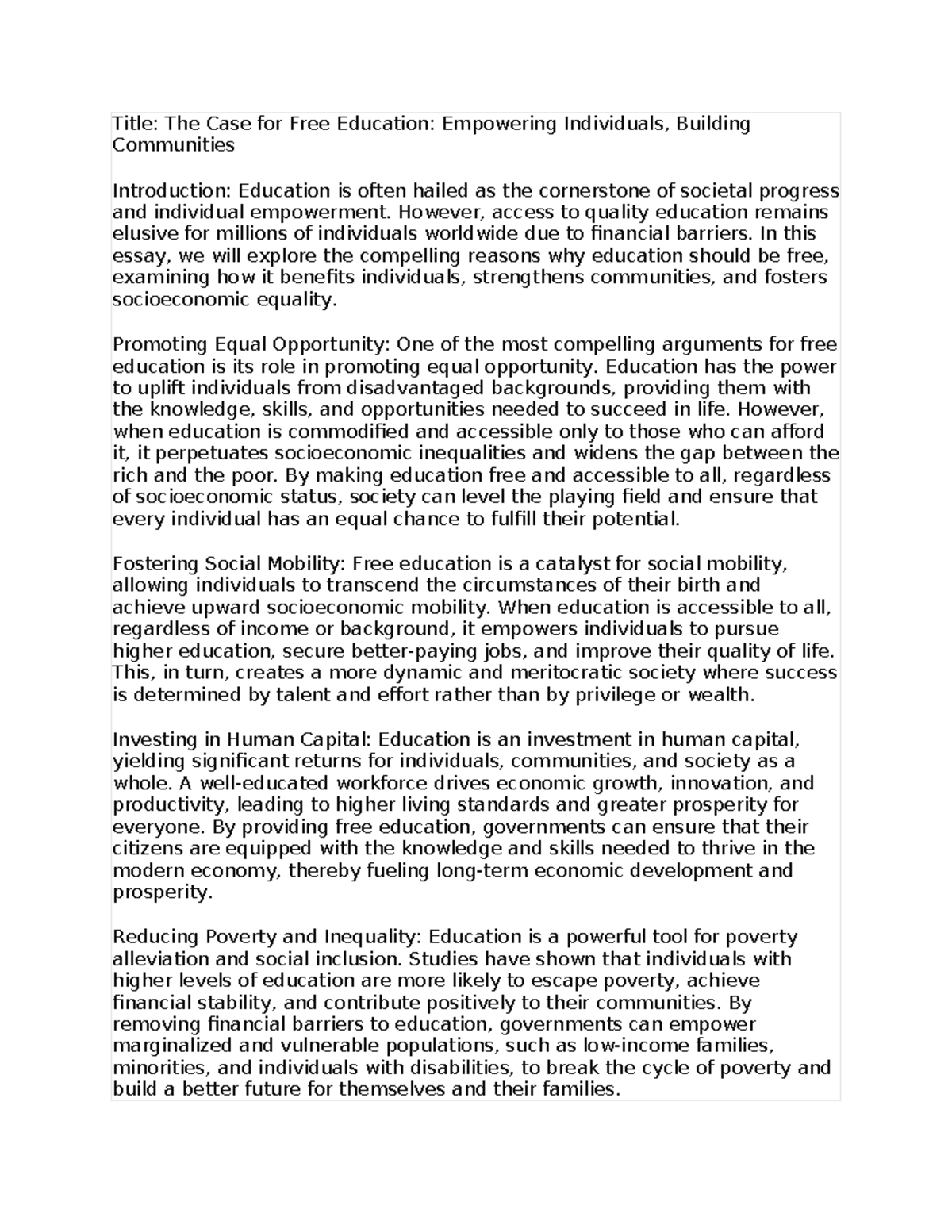 Doc3 - Title: The Case for Free Education: Empowering Individuals, Building Communities - Studocu