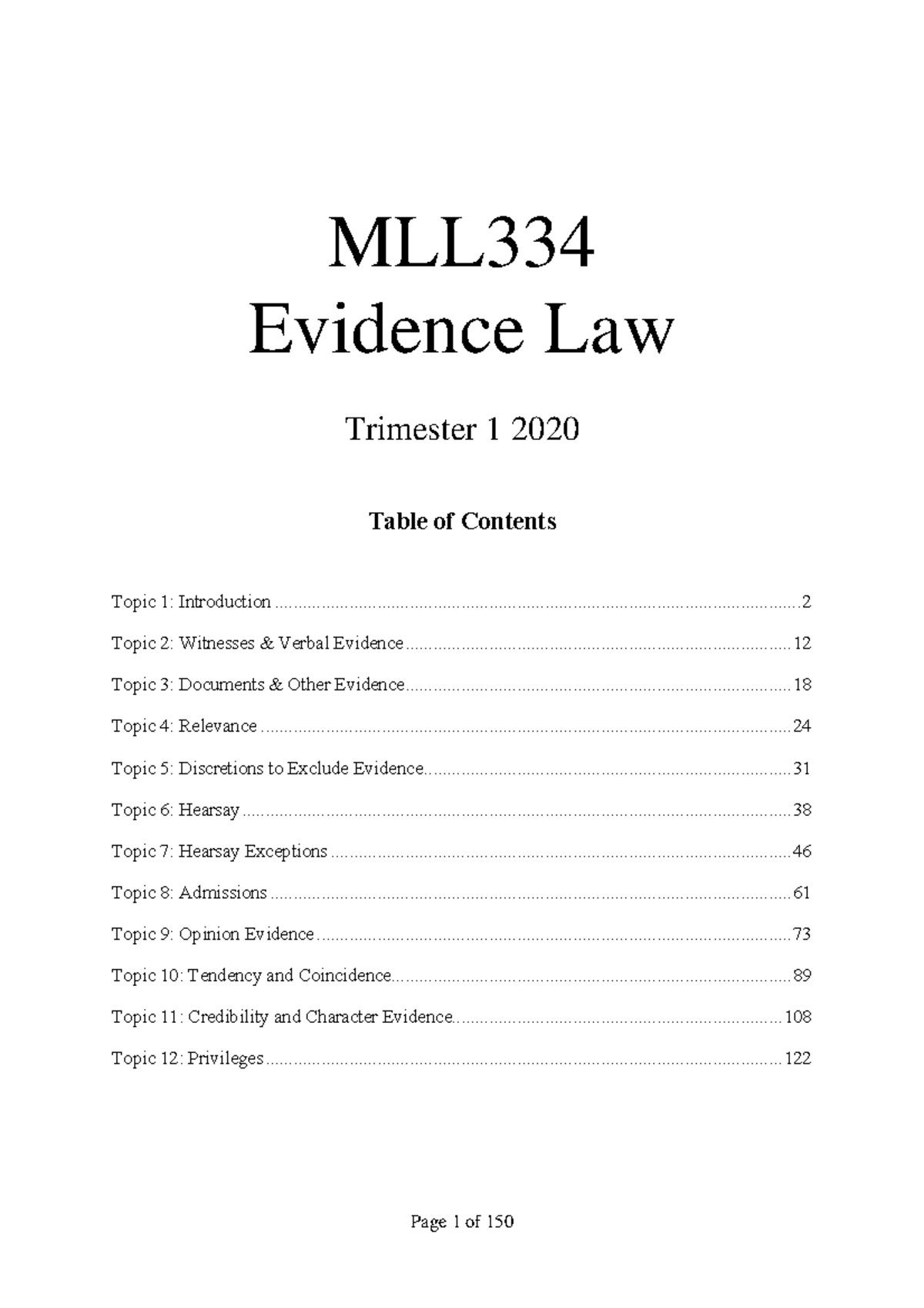 MLL334 Evidence Notes - Evidence Law MLL Trimester Topic 1 ...