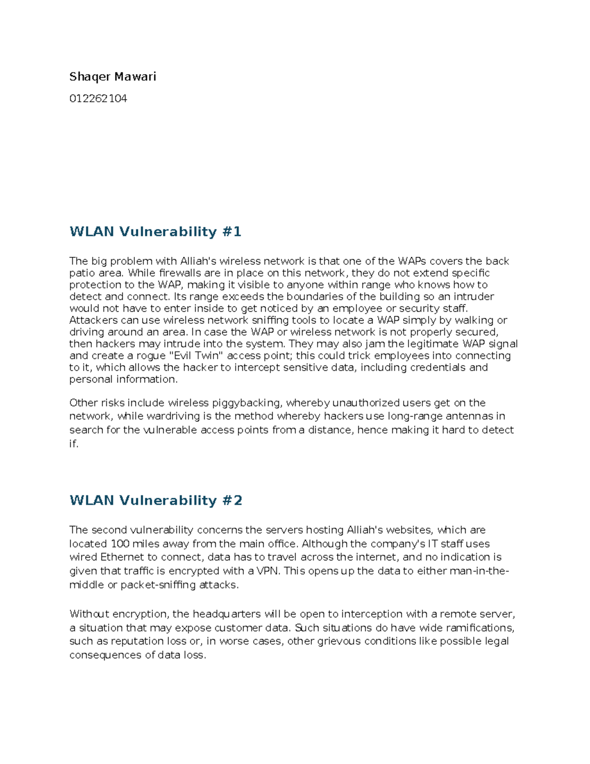 C844 Task 2 - Just the assinment - Shaqer Mawari 012262104 WLAN Vulnerability The big problem ...