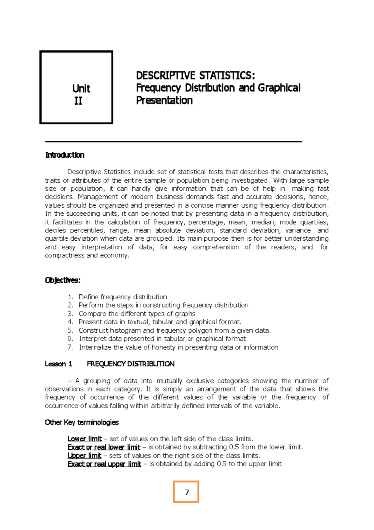 Unit-2 - Unit-2 - DESCRIPTIVE STATISTICS: Frequency Distribution and Graphical Presentation ...