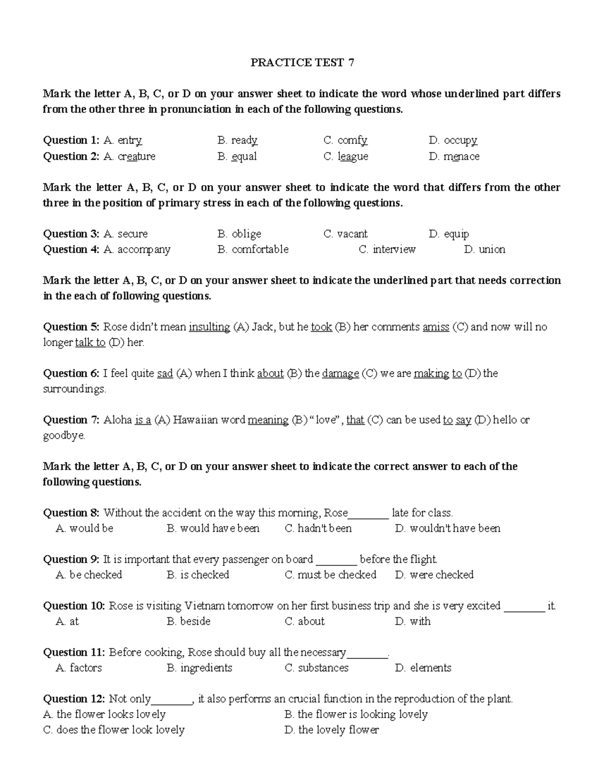 HW 30.10 - Practice TEST 7 - PRACTICE TEST 7 Mark the letter A, B, C ...