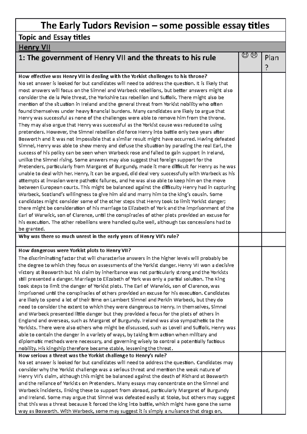 Past Questions List and Markschemes - The Early Tudors Revision – some ...