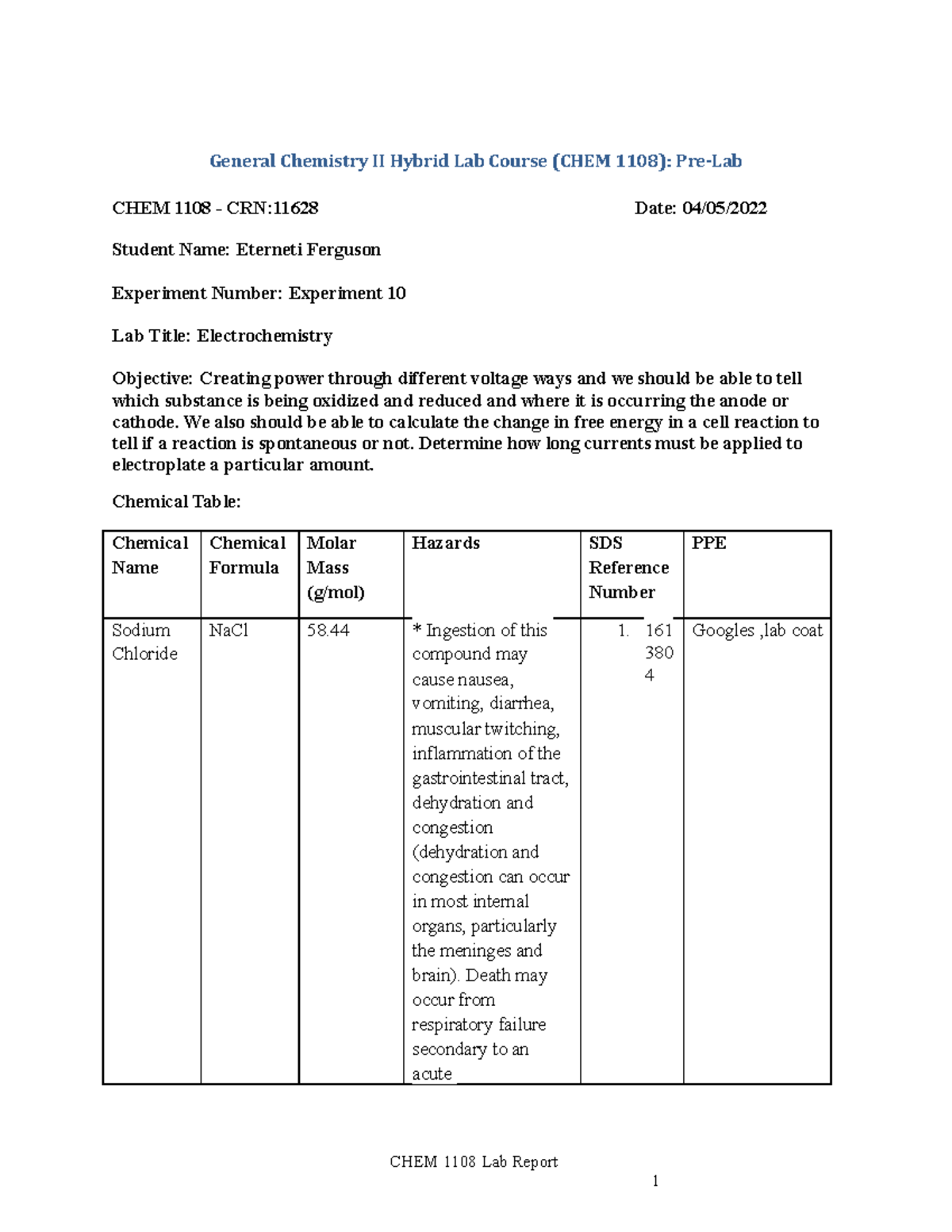 LAB Report 10 - General Chemistry II Hybrid Lab Course (CHEM 1108): Pre ...