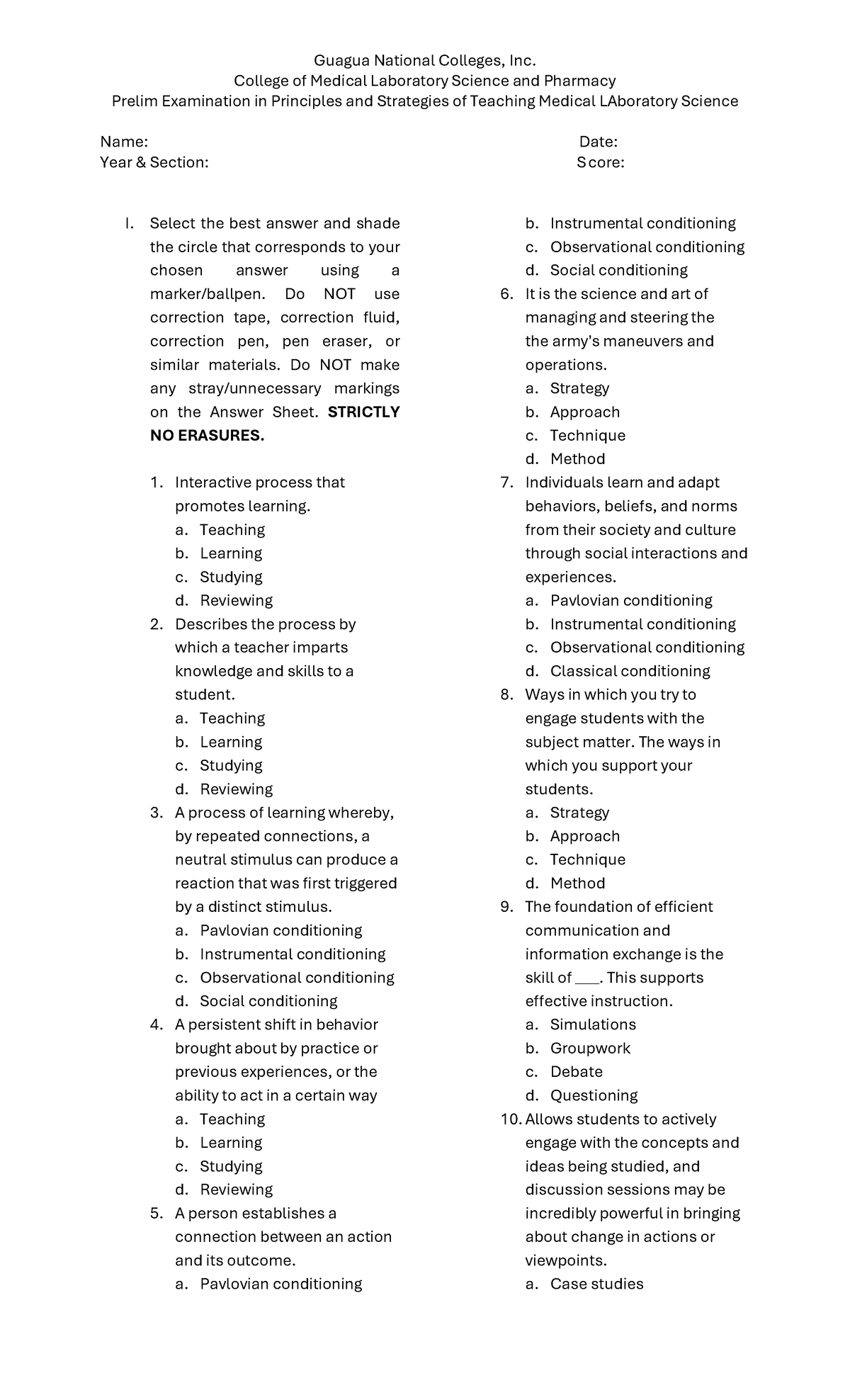 Pstmls Sample Questionnaires - Guagua National Colleges, Inc. College ...