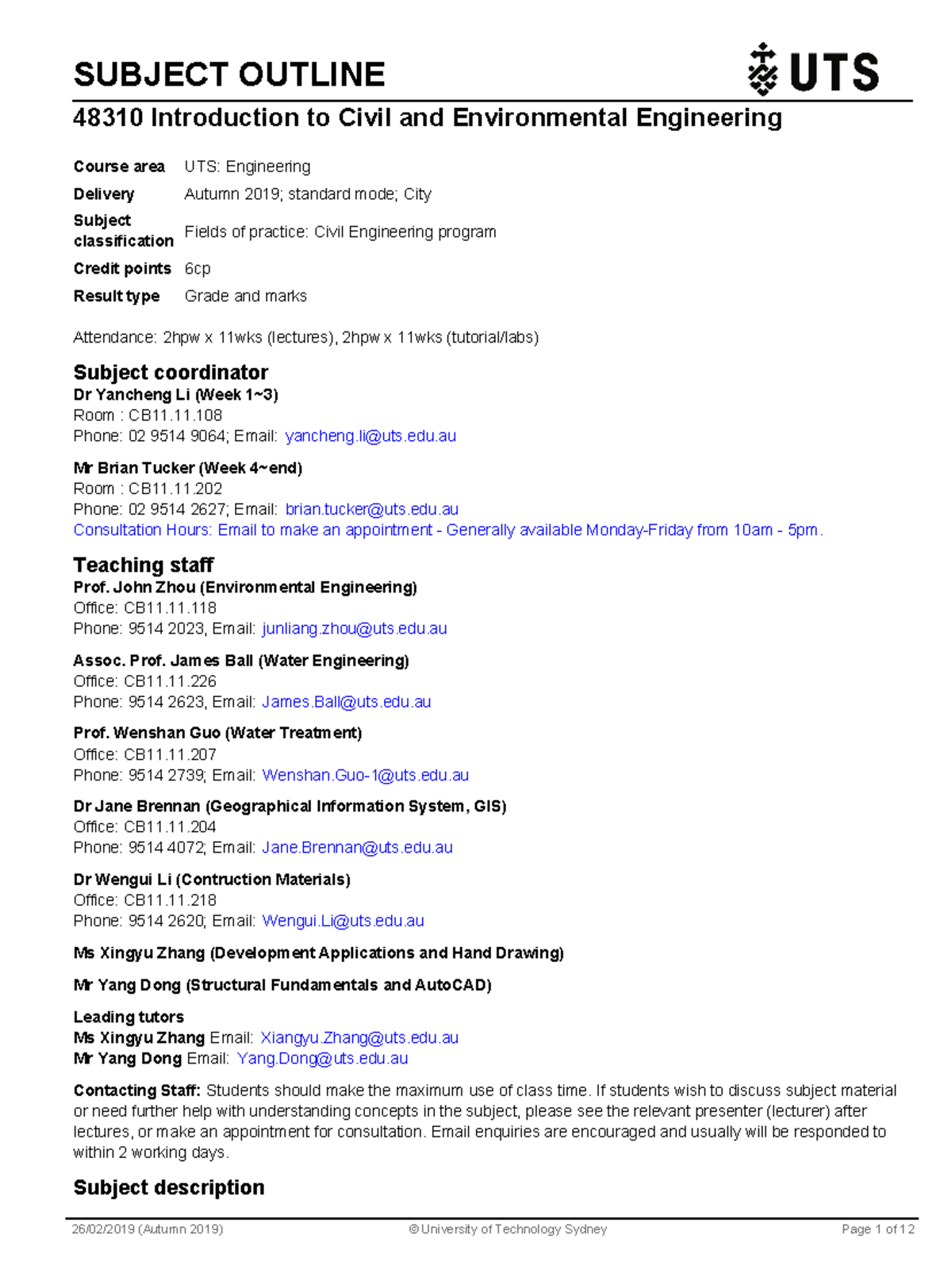 C&E SO - SUBJECT OUTLINE 48310 Introduction to Civil and Environmental ...