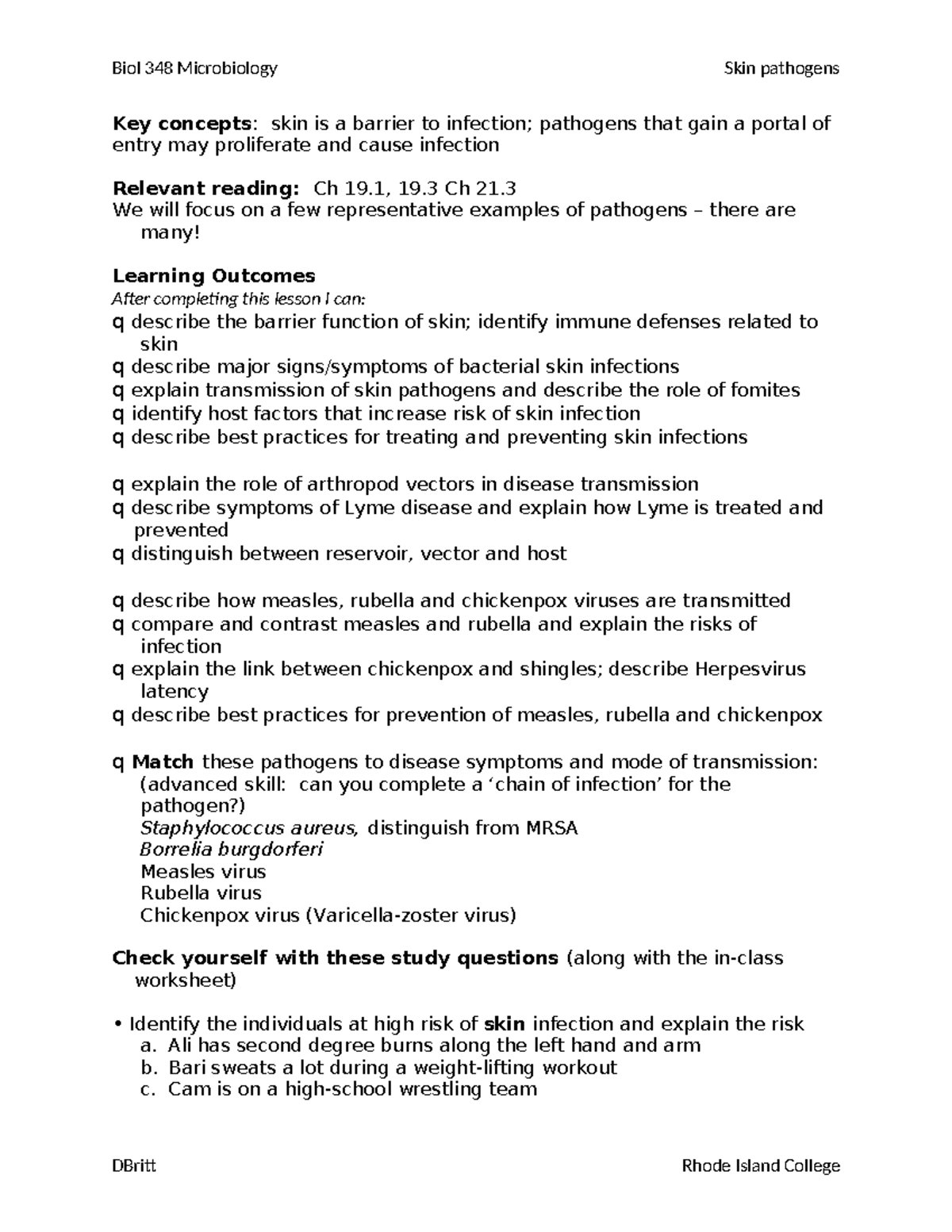 Q20 skin pathogens - notes - Biol 348 Microbiology Skin pathogens Key ...