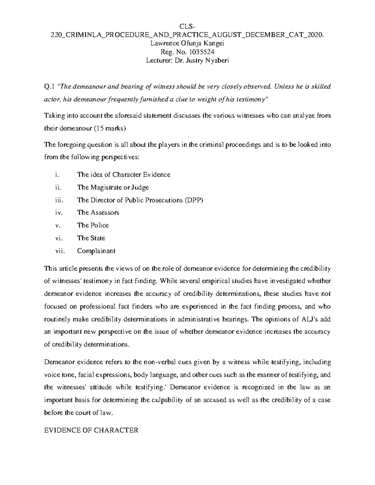 CLS 220 Criminal Procedure AND Practice Continuous Assessment TEST ...